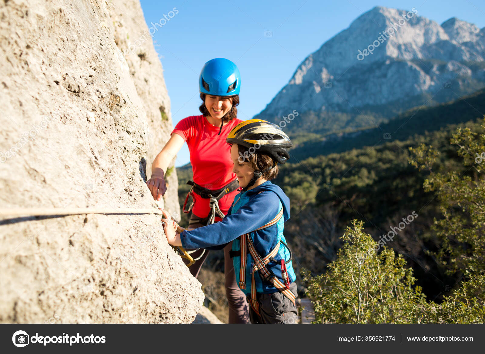 Mother Teaches Child How Use Safety Equipment Boy Helmet Goes — Stock ...