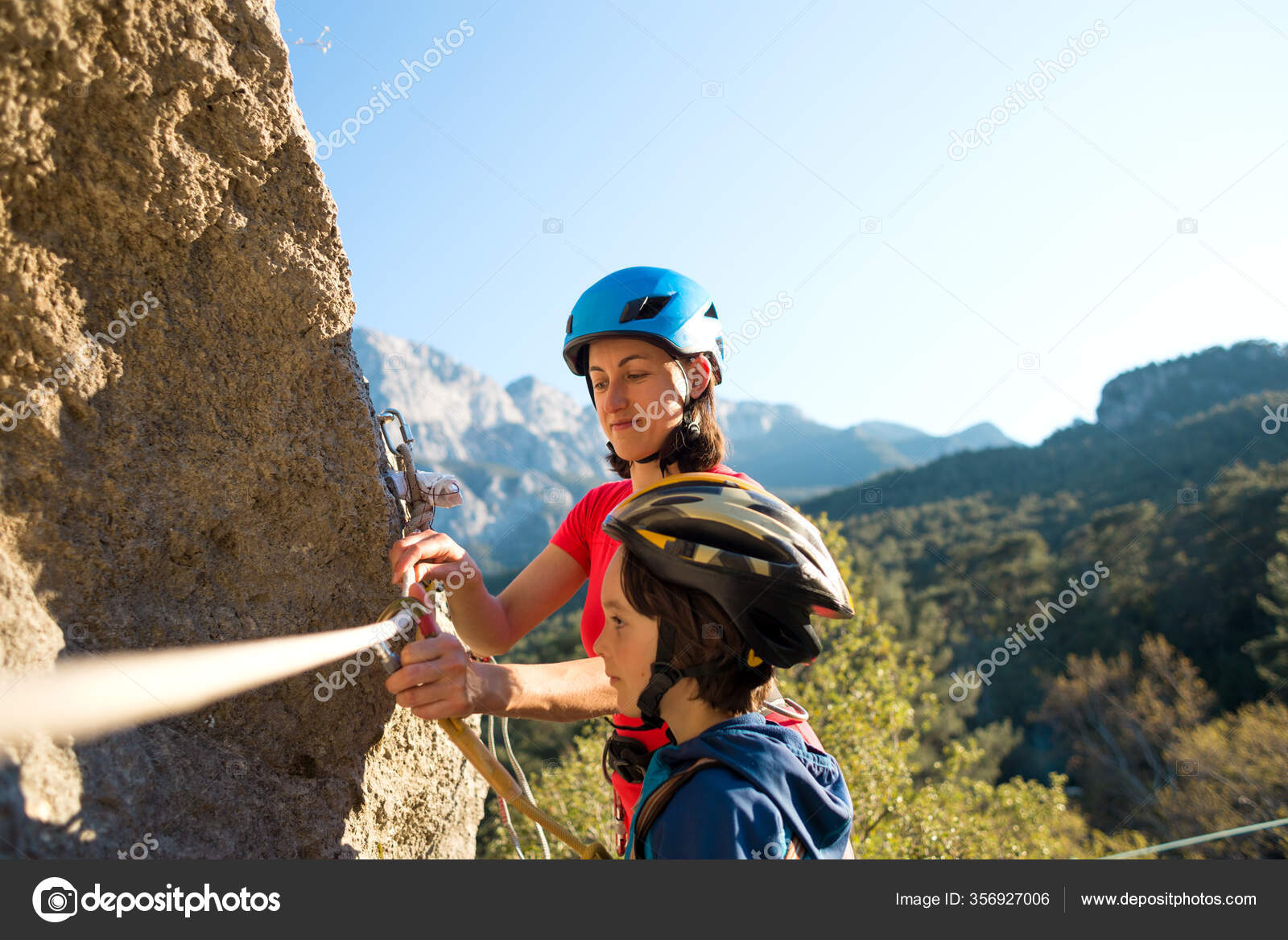 Mother Teaches Child How Use Safety Equipment Boy Helmet Goes — Stock ...