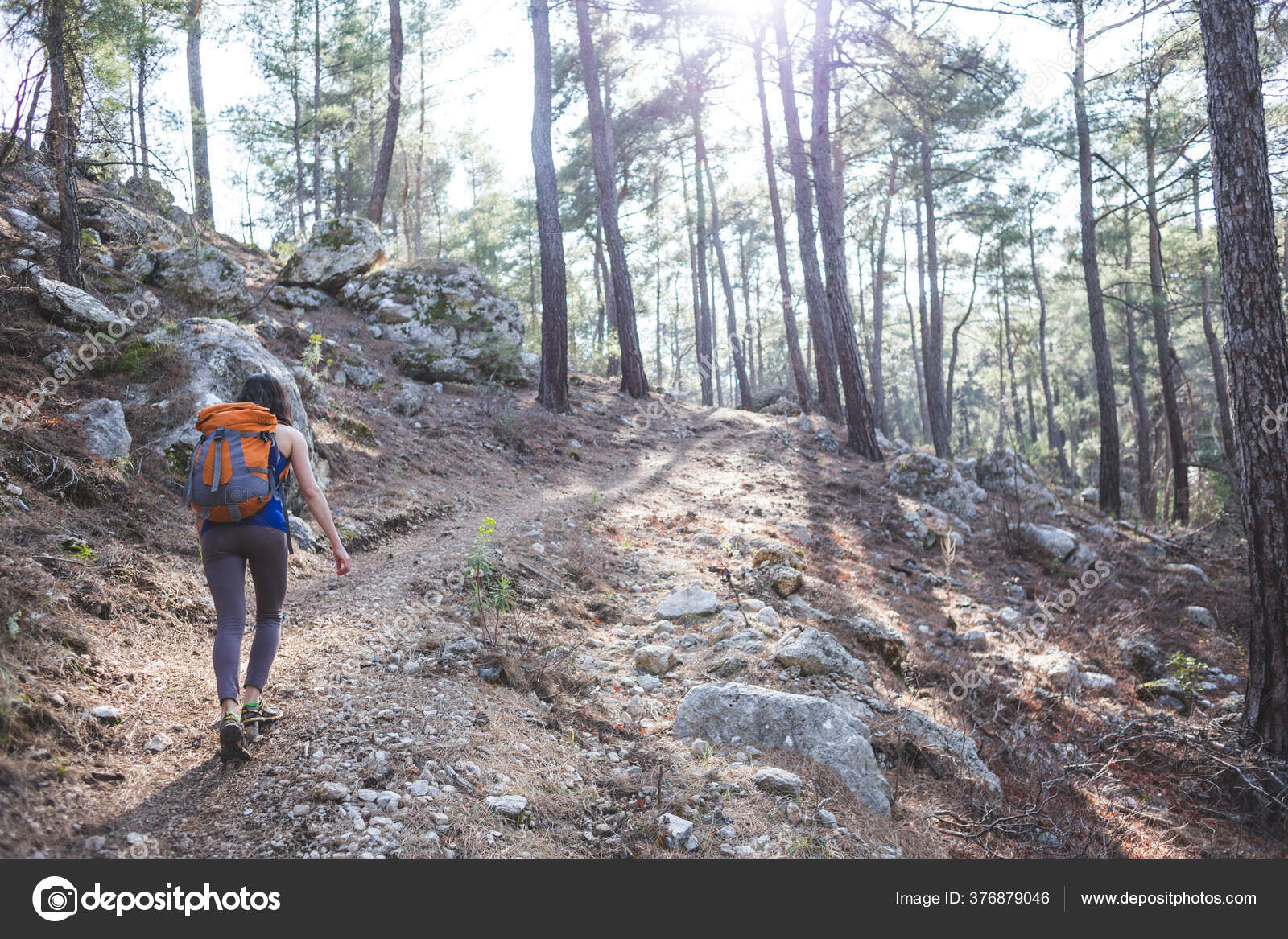 Girl Backpack Goes Mountain Trail Woman Travels Alone Picturesque ...