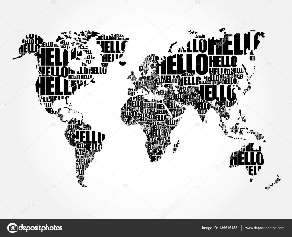 HELLO Word Cloud Mapa del mundo en tipografía Vector de stock ...