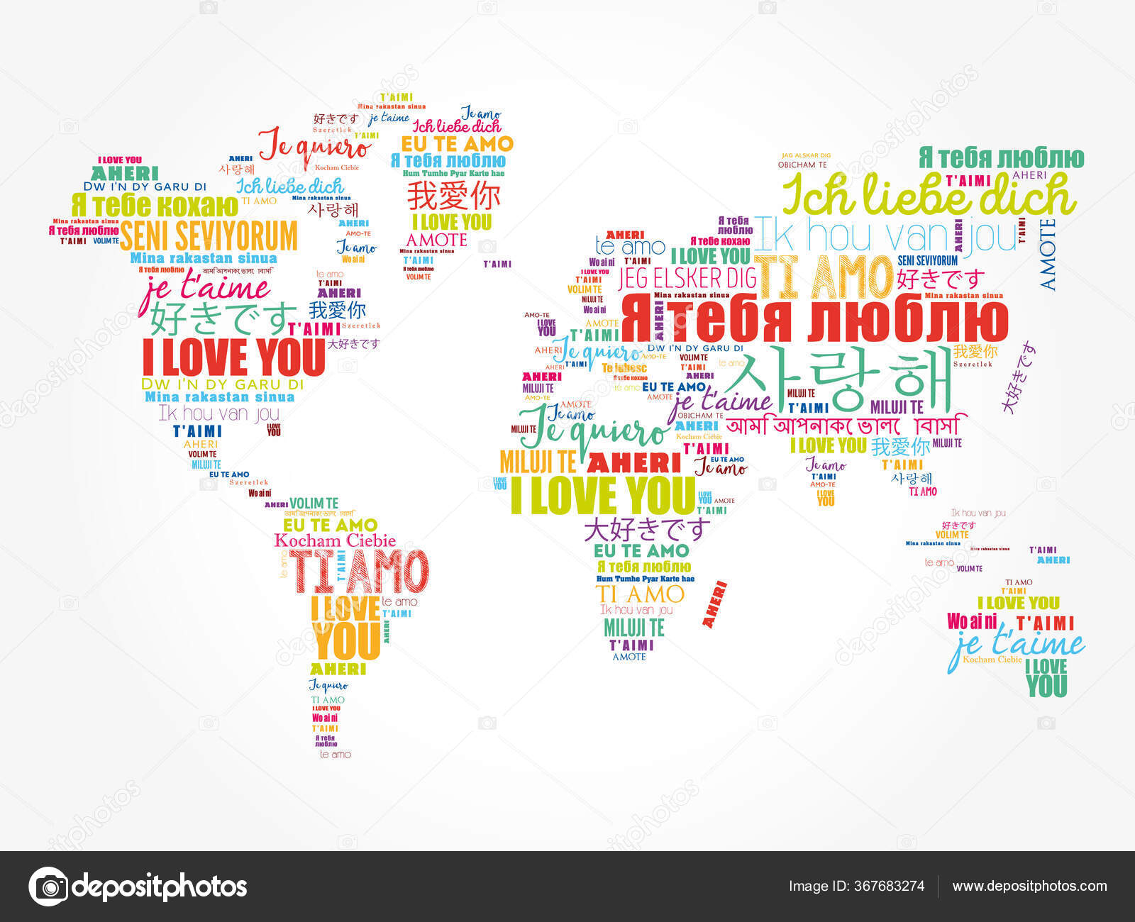 Love Words Love You Different Languages Shape World Map Word Stock ...