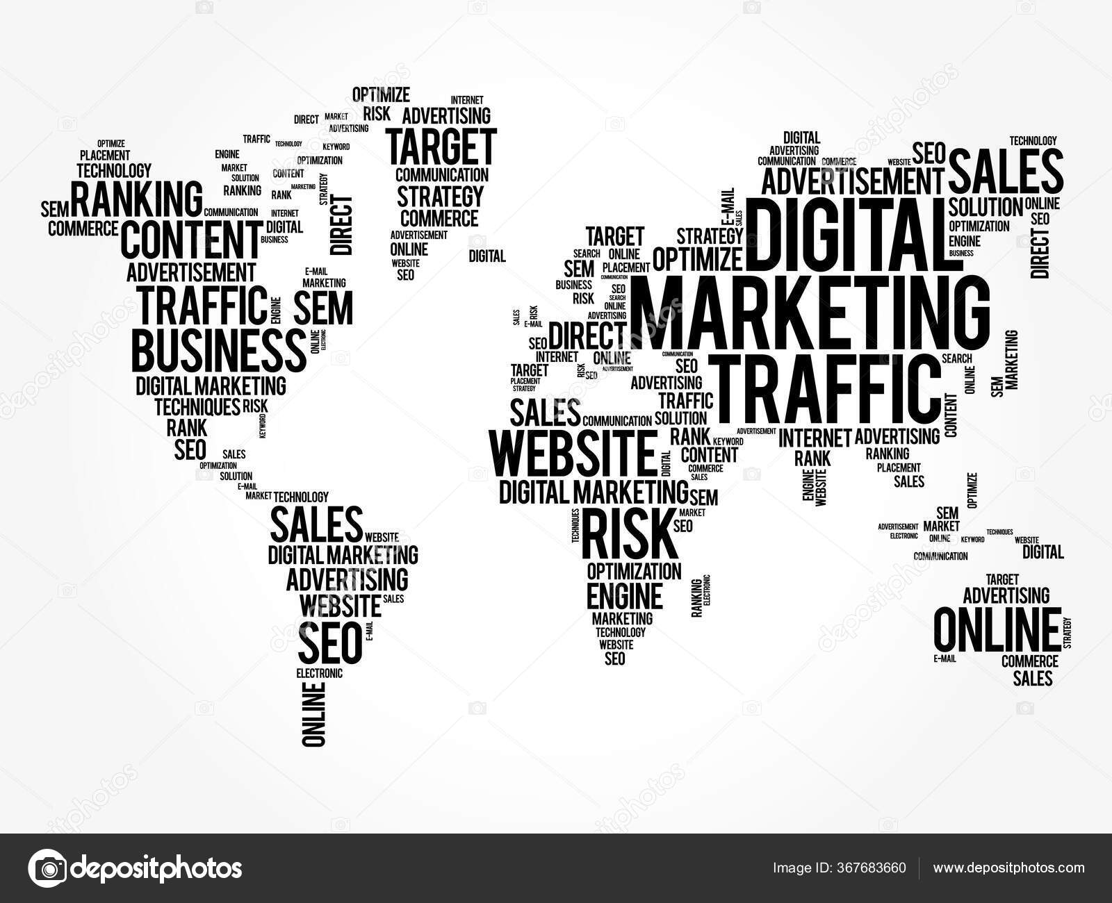 Digital Marketing Word Cloud Shape World Map Business Concept ...