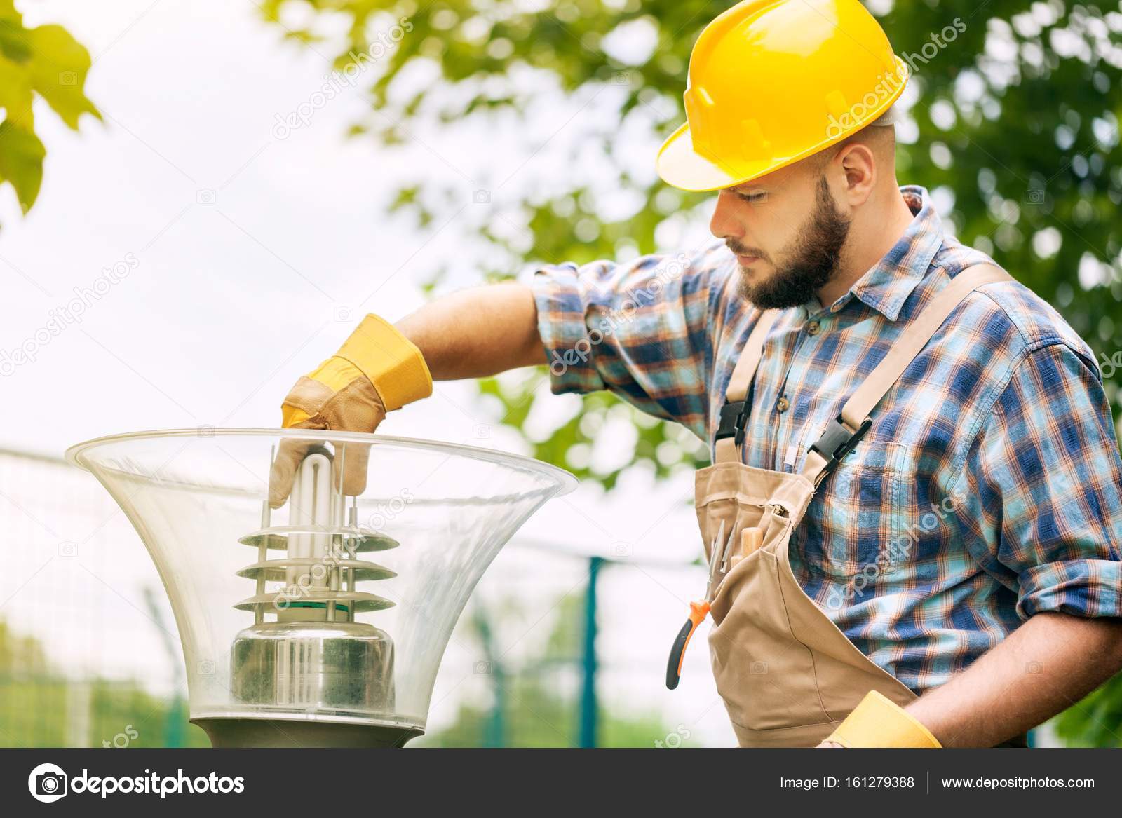 Worker Man Checking Light Bulb Outdoor Lantern — Stock Photo ...