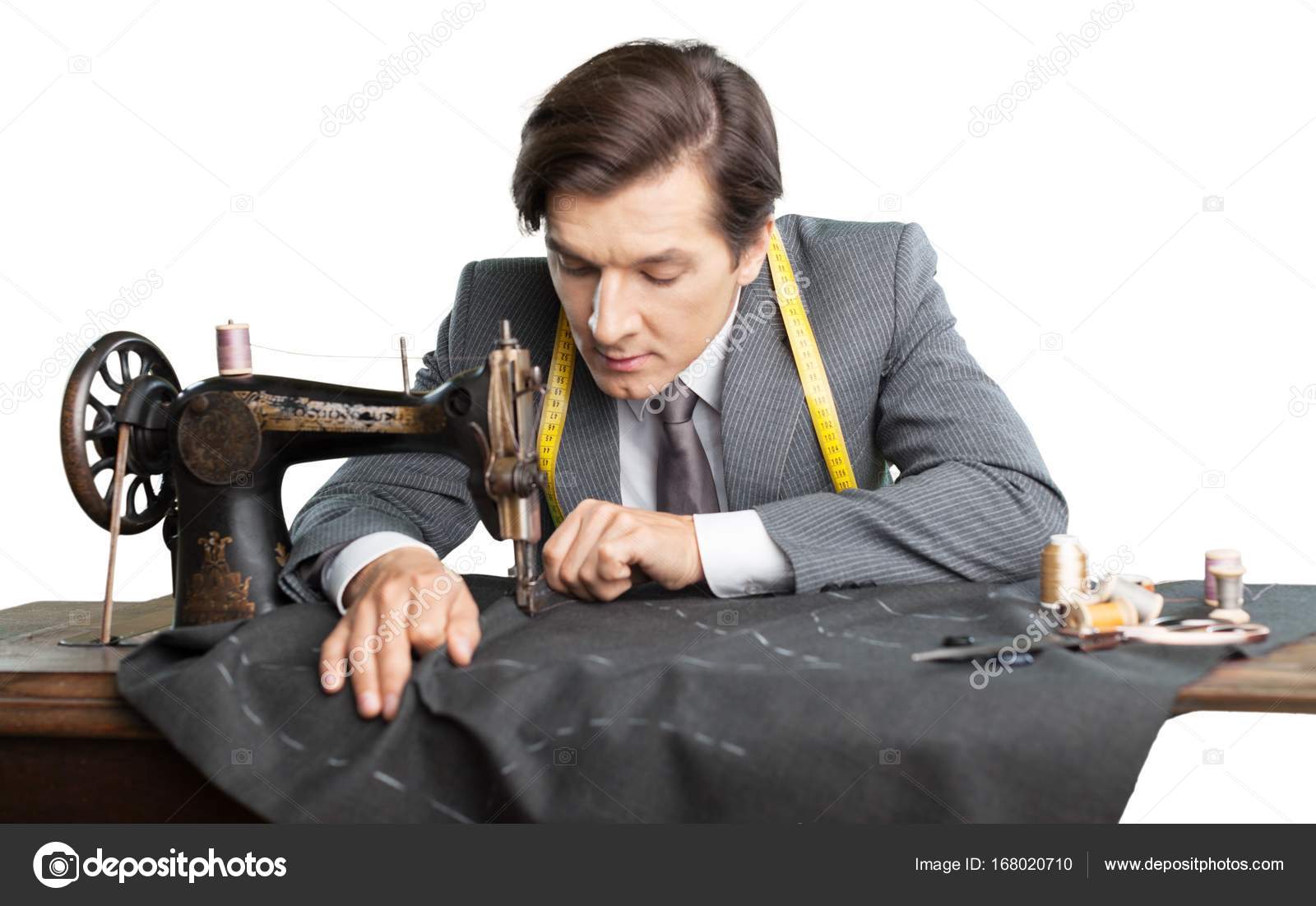 Handsome Business Man Sewing Isolated White Background — Stock Photo ...