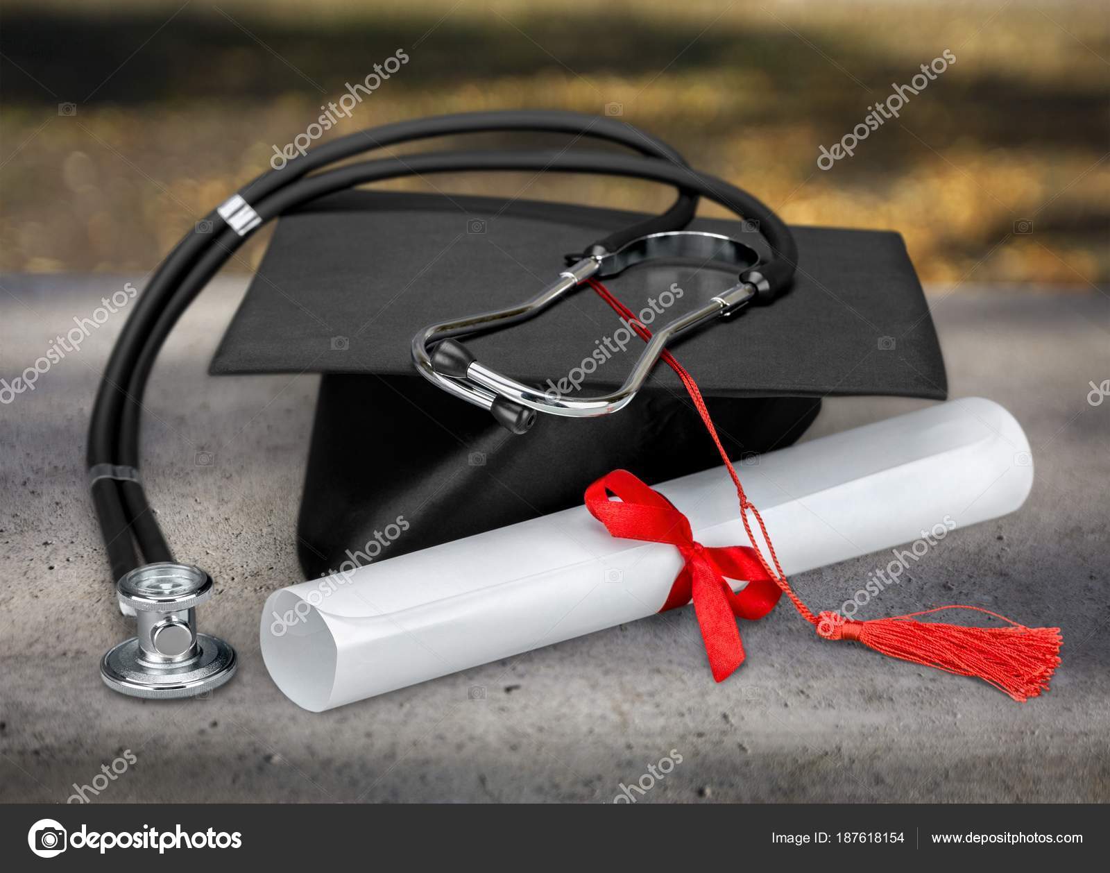 Graduation Hat Diploma Stethoscope Close View Stock Photo by ...