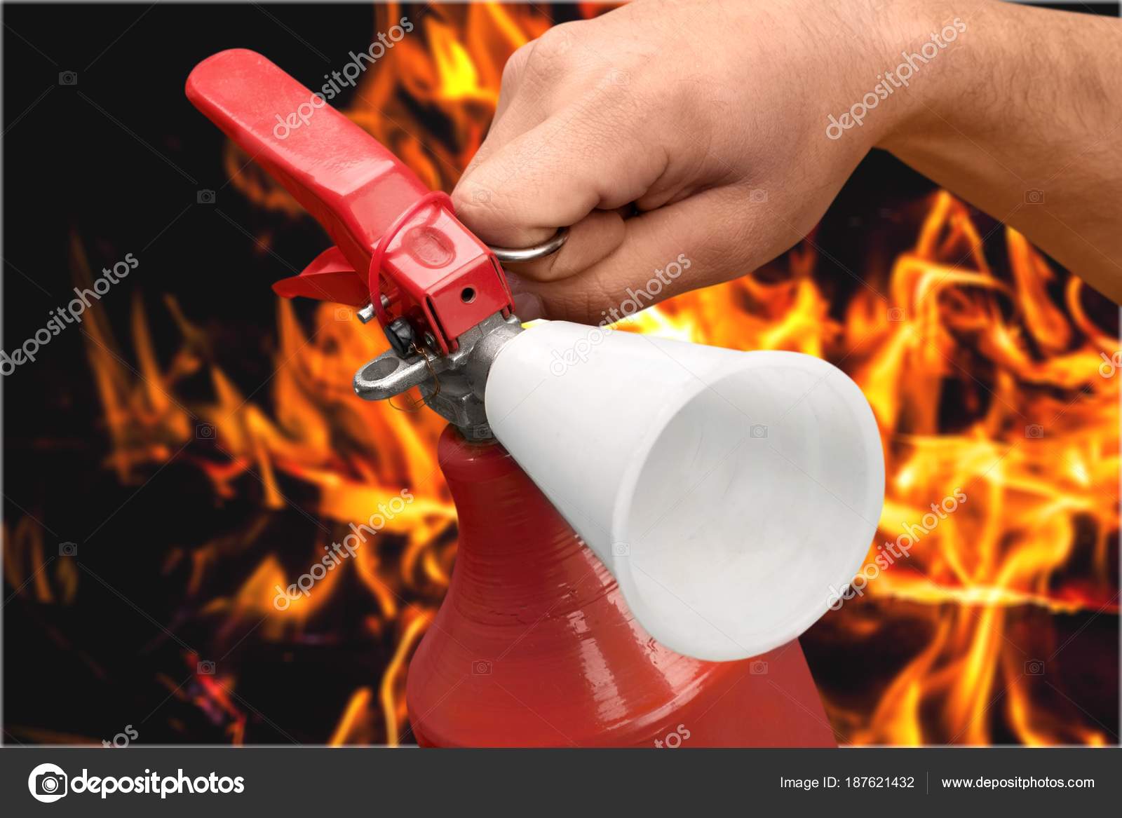 Man Presses Trigger Fire Extinguisher Isolated Background — Stock Photo ...