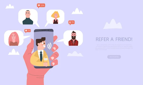 Refer a friend concept illustration. Cartoon hands holding a phone with ...