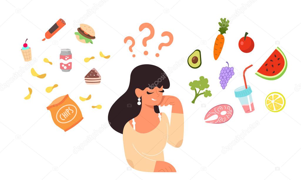 Joven mujer de dibujos animados elige entre alimentos saludables y no ...