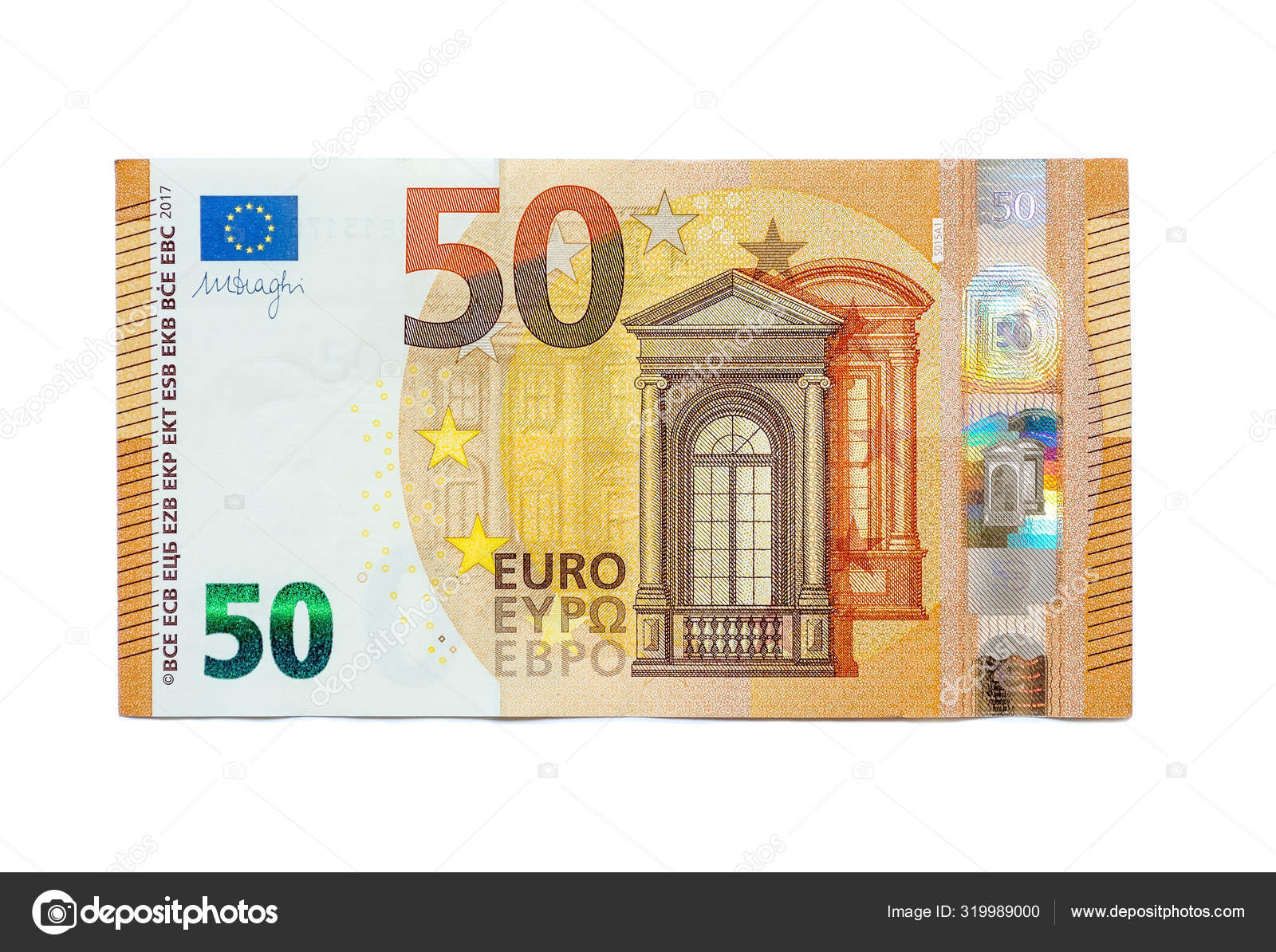 Billete de 50 euros en primer plano aislado sobre un fondo blanco — Foto editorial de stock ...