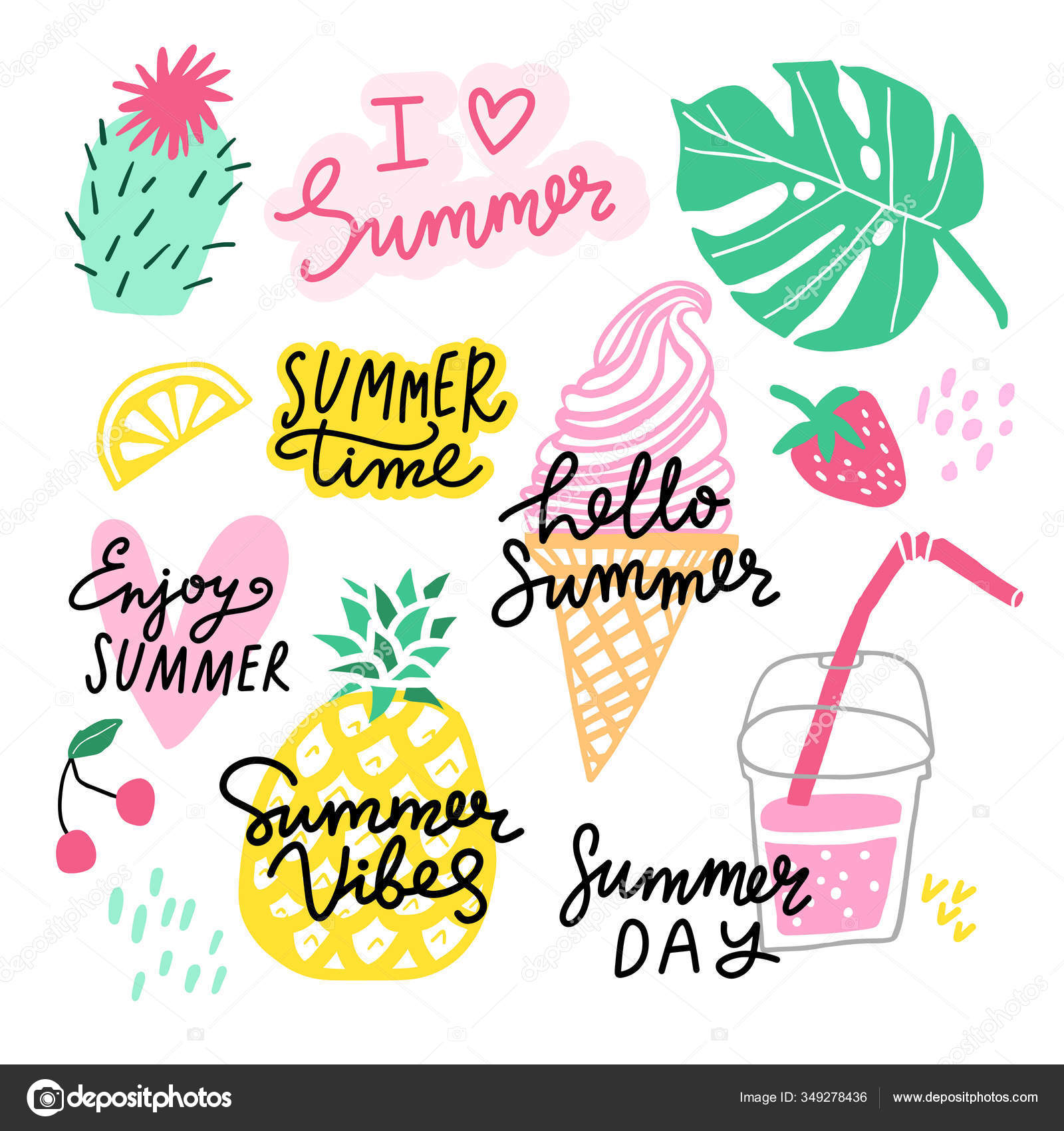 Summer lettering with illustration set. Sticker collection Stock Vector ...