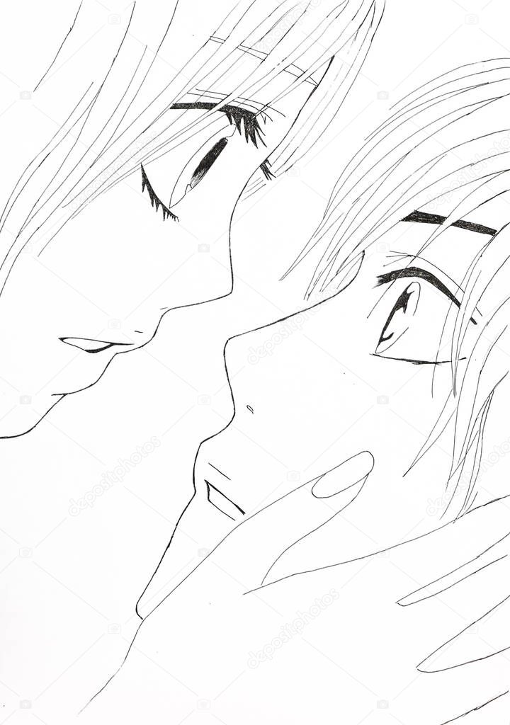Dibujo En El Estilo De Anime Imagen Enamorada Chica Y El Chico En La Imagen En El Estilo De