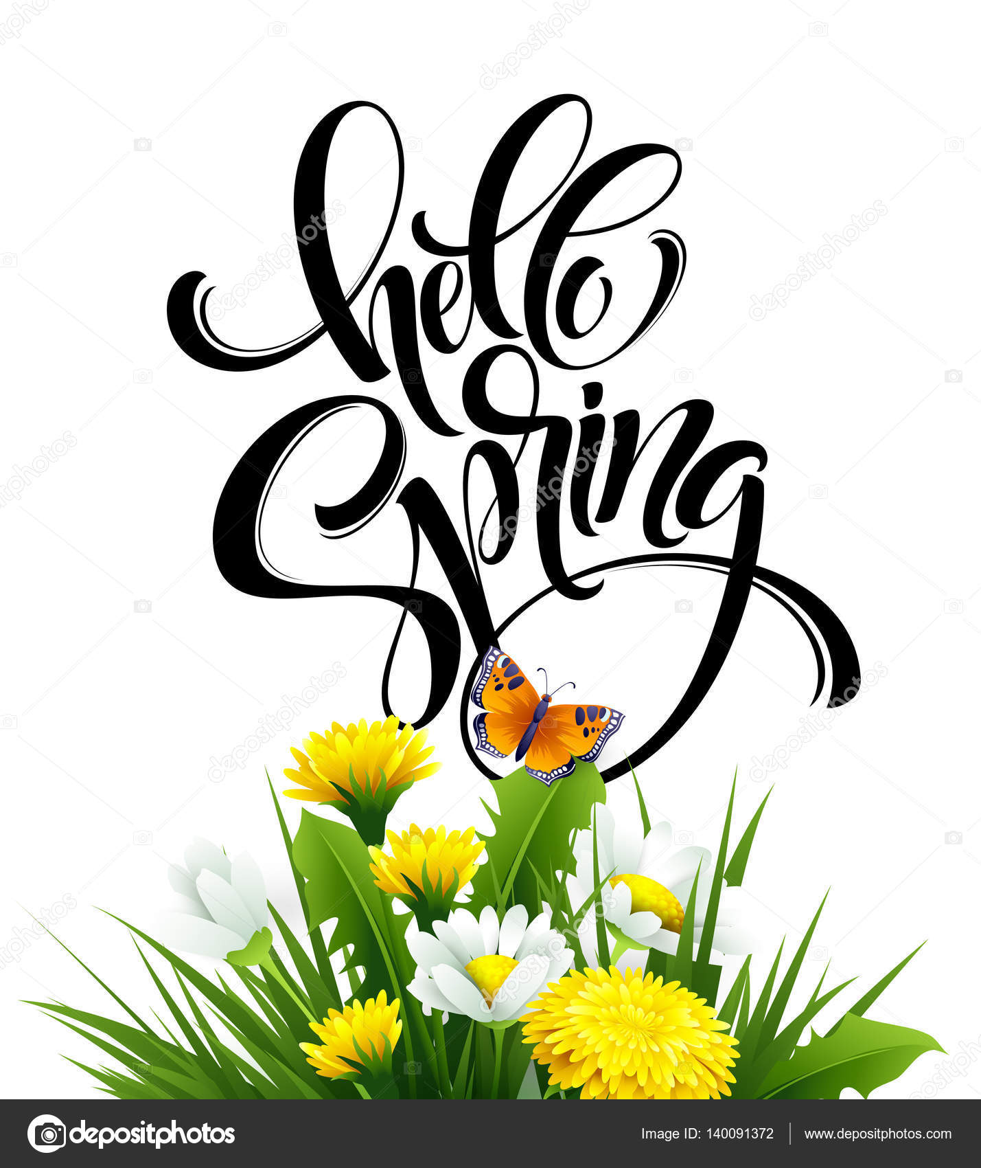 Inscripción Hello Spring Hand Letras sobre fondo con flores ...