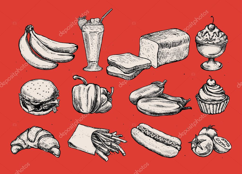 Set of different hand drawn food Stock Vector Image by ©verywell #130163686