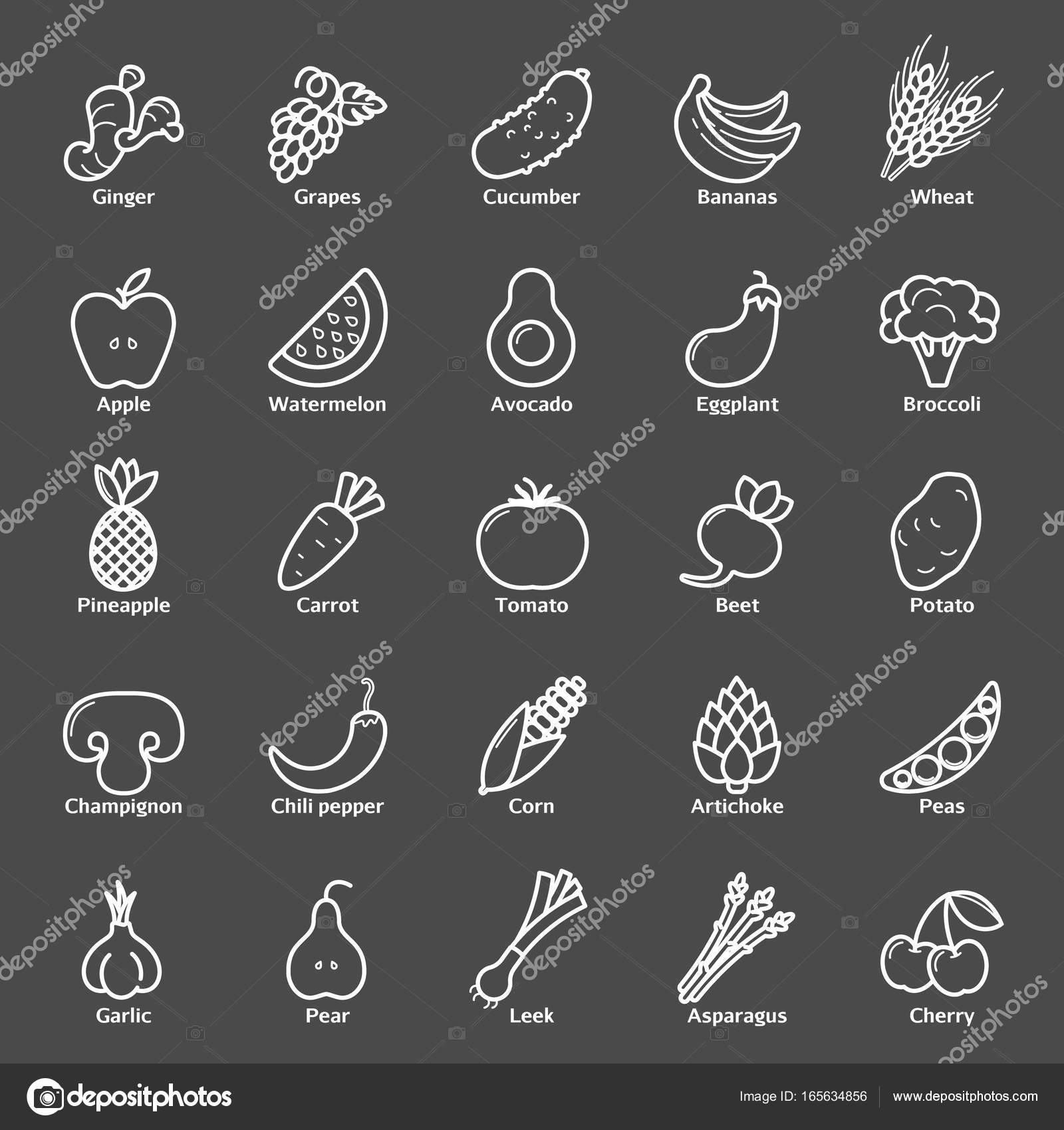 Fruit and Vegetables icon set. Vegan natural bio pictograms. Artichoke ...