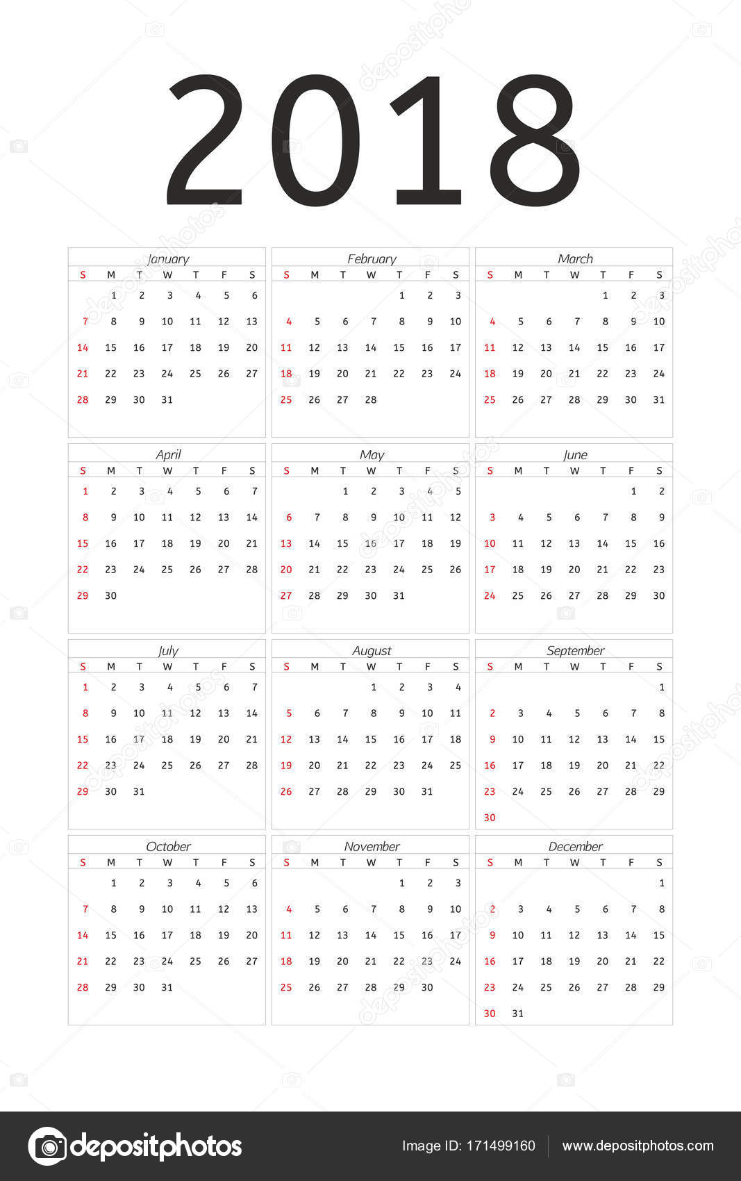 Calendar 2018 year simple style. Week starts from sunday — Stock Photo ... Calendar 2018 year simple style. Week starts from sunday — Stock Photo ...
