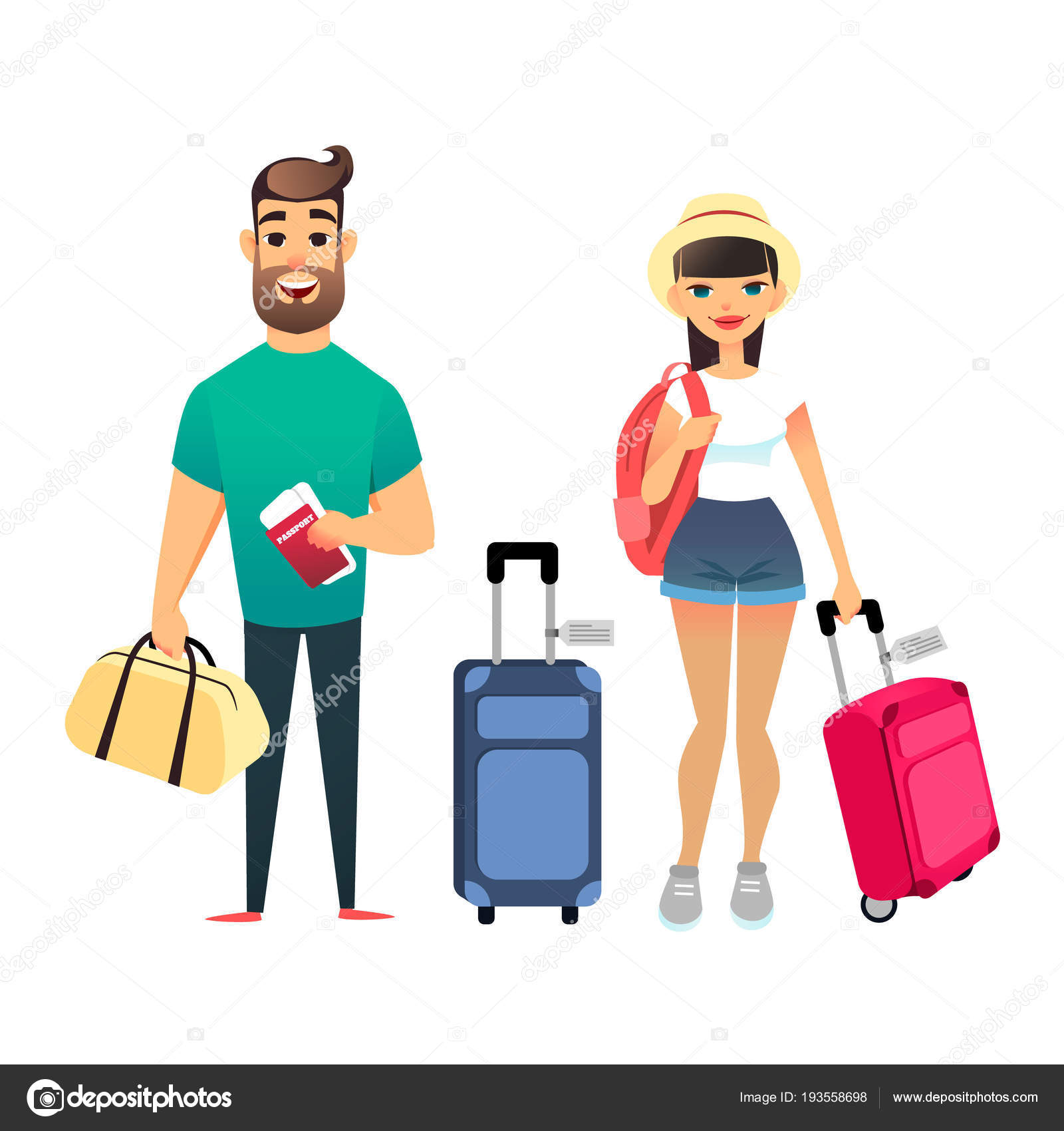 Viajando personas que esperan avión o tren. Dibujos animados hombre y ...