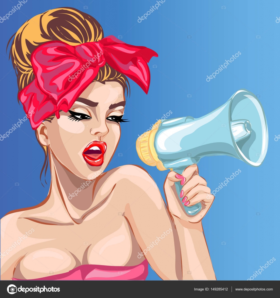 Pop Art Sexy Chica Con Megáfono Mujer Con Altavoz Ilustración De