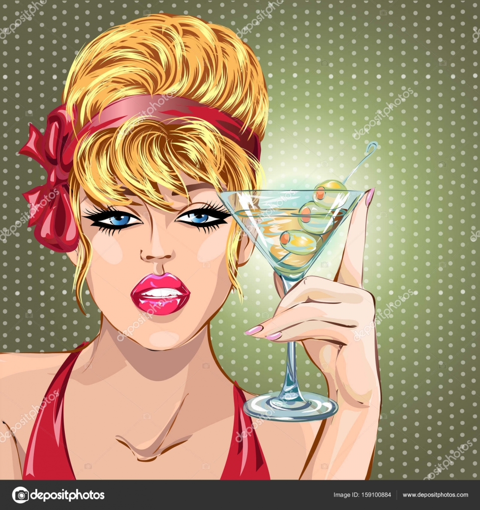 Pin Up Sexy Blonde Woman Drinking Martini Pop Art Girl Portrait