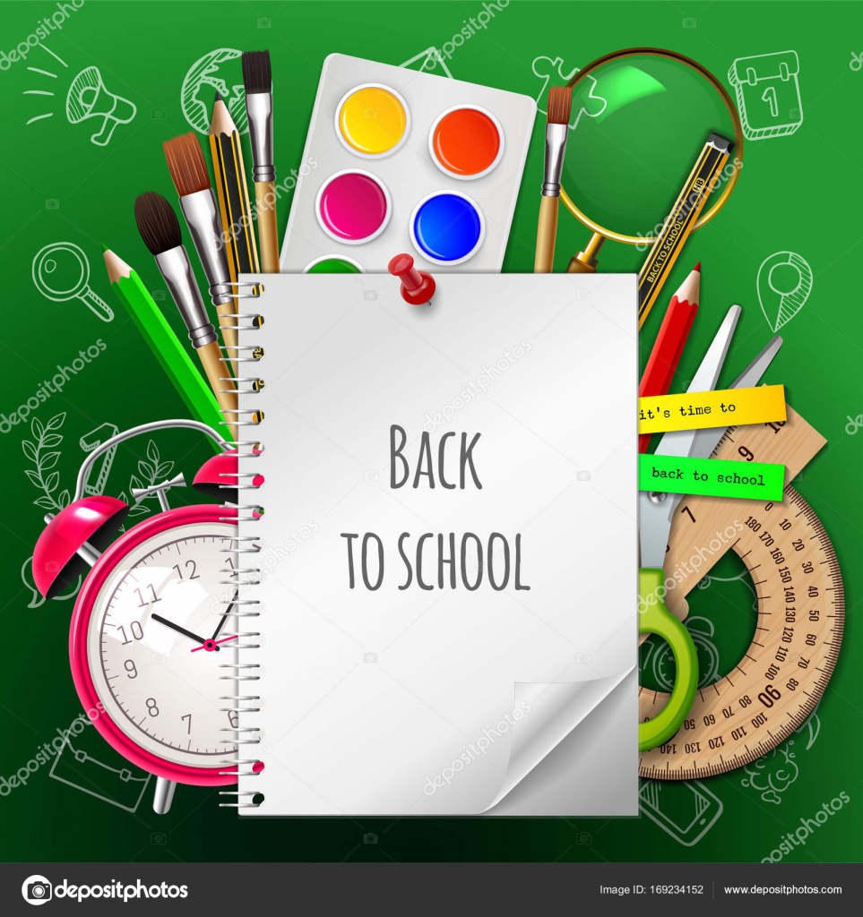 Back to school poster, colorful school supplies: copybook, paint ...