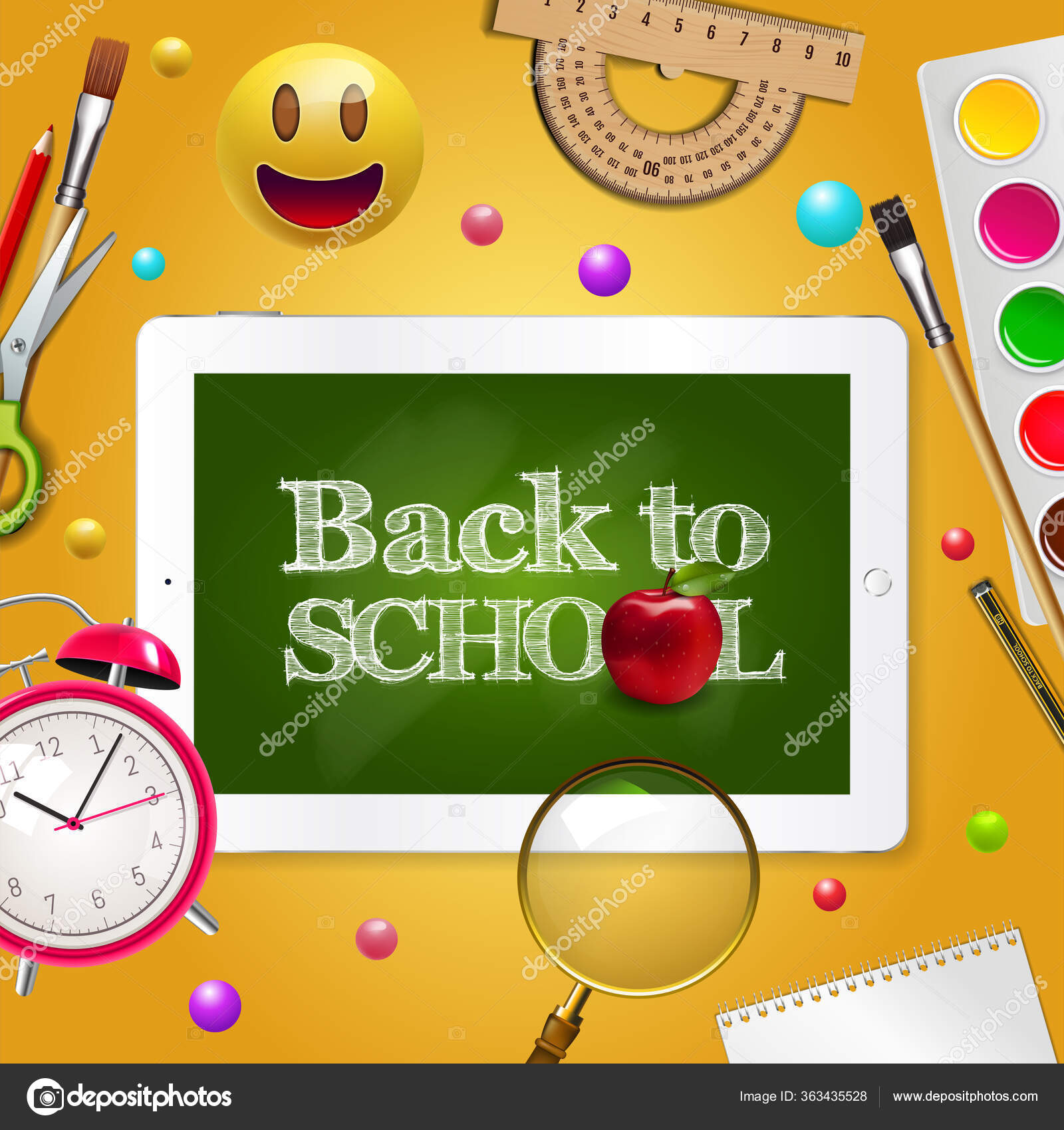 Back School Written Table Apple Yellow Smiley Face Emoji Colorful Stock ...