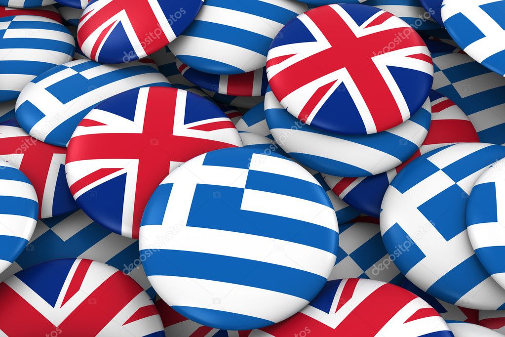 Greece and UK Badges Background - Pile of Greek and British Flag ...