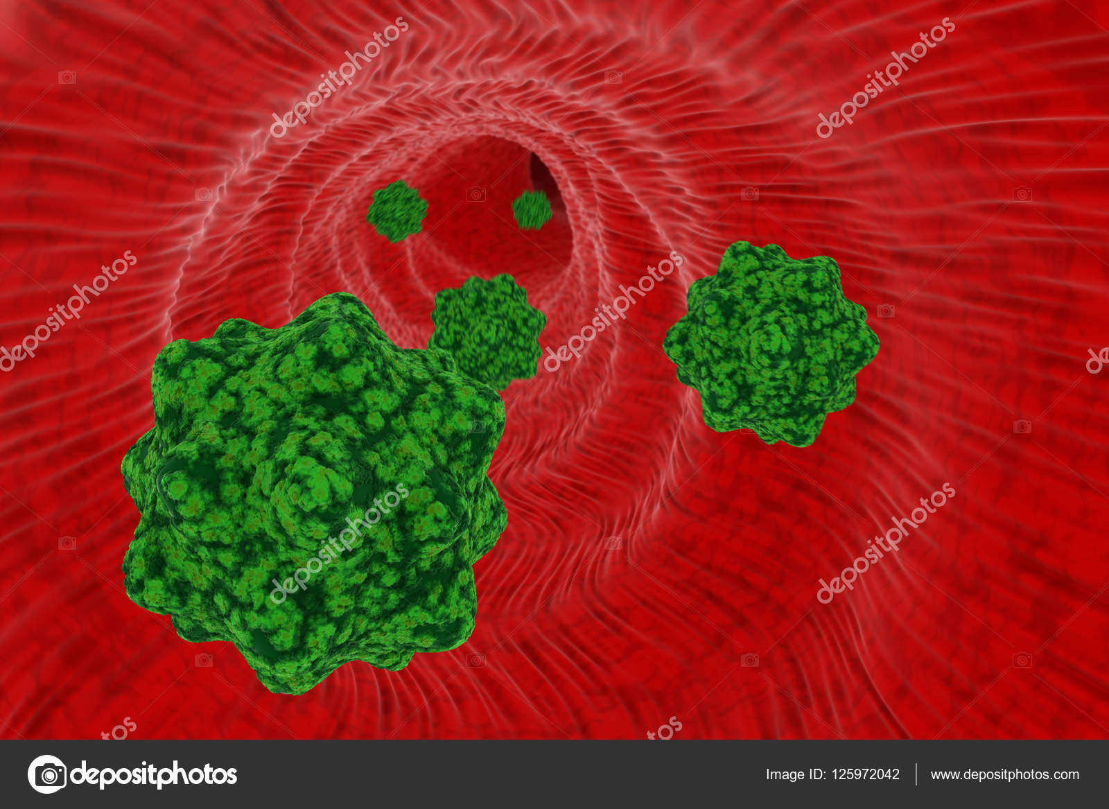 Blood Infection Concept - Green Virus Cells floating through Vein 3D ...