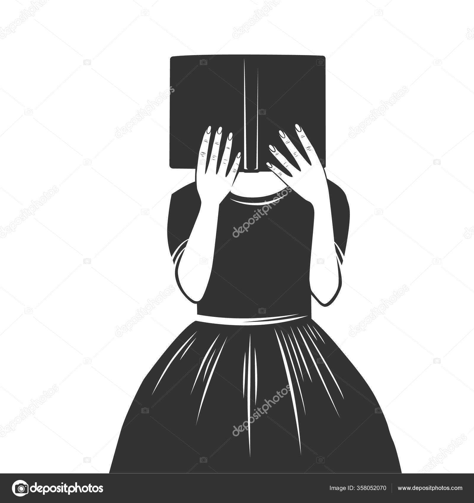 Monochrome Illustrations Girls Reading Hiding Faces Books Empty Books ...