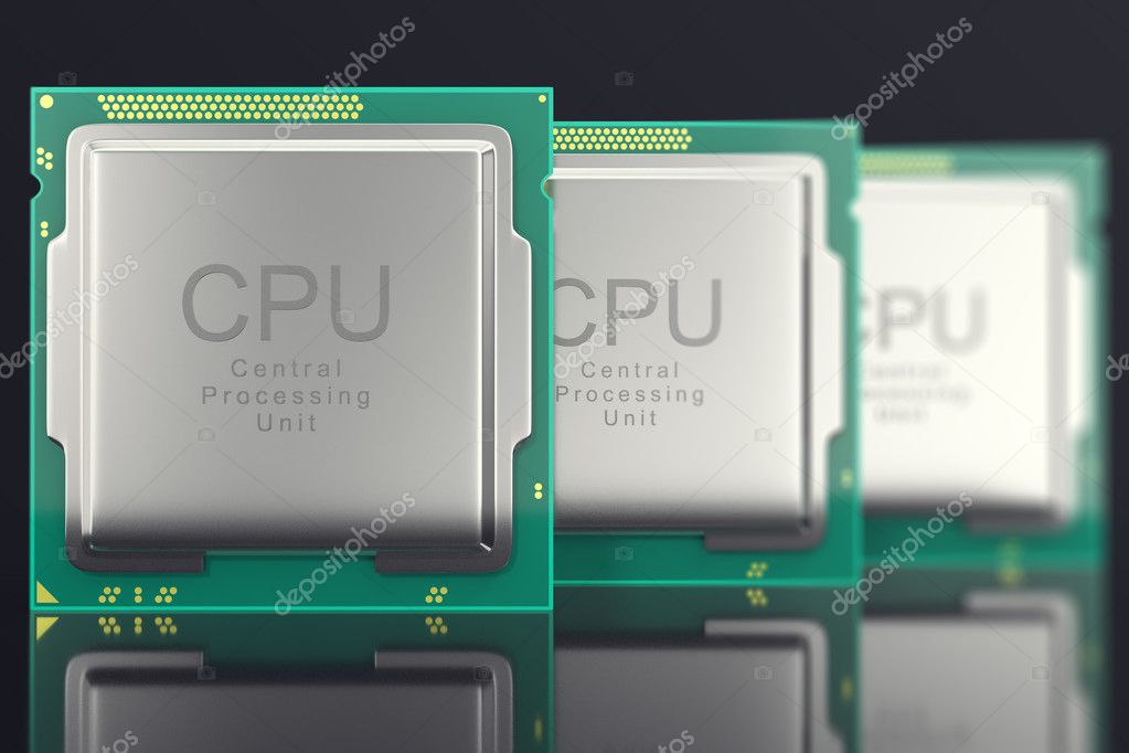 Ilustración 3D moderna CPU multicore sobre fondo negro: fotografía de ...