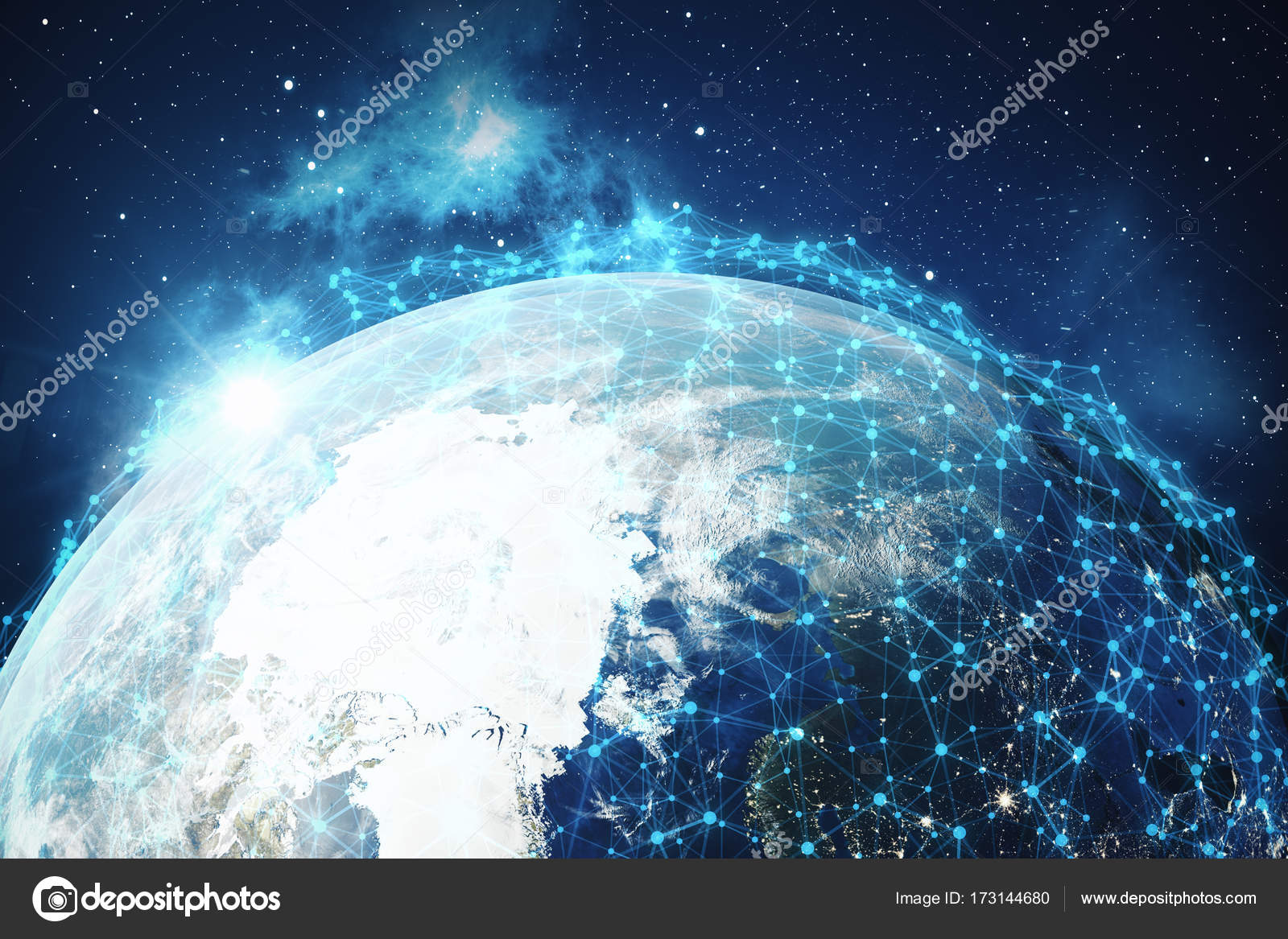 3D rendering Network and data exchange over planet earth in space ...