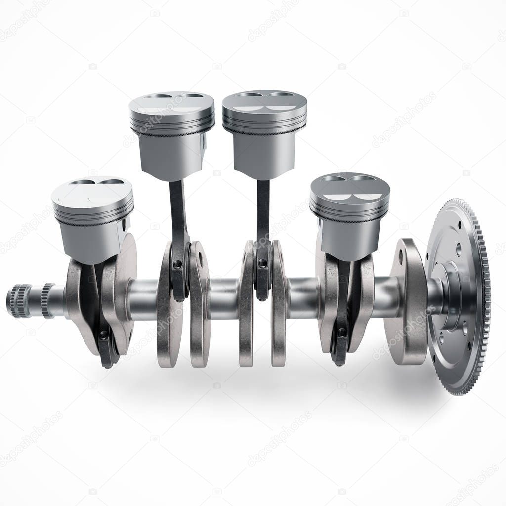 3D Rendering V4 engine pistons and cog isolated on white background ...