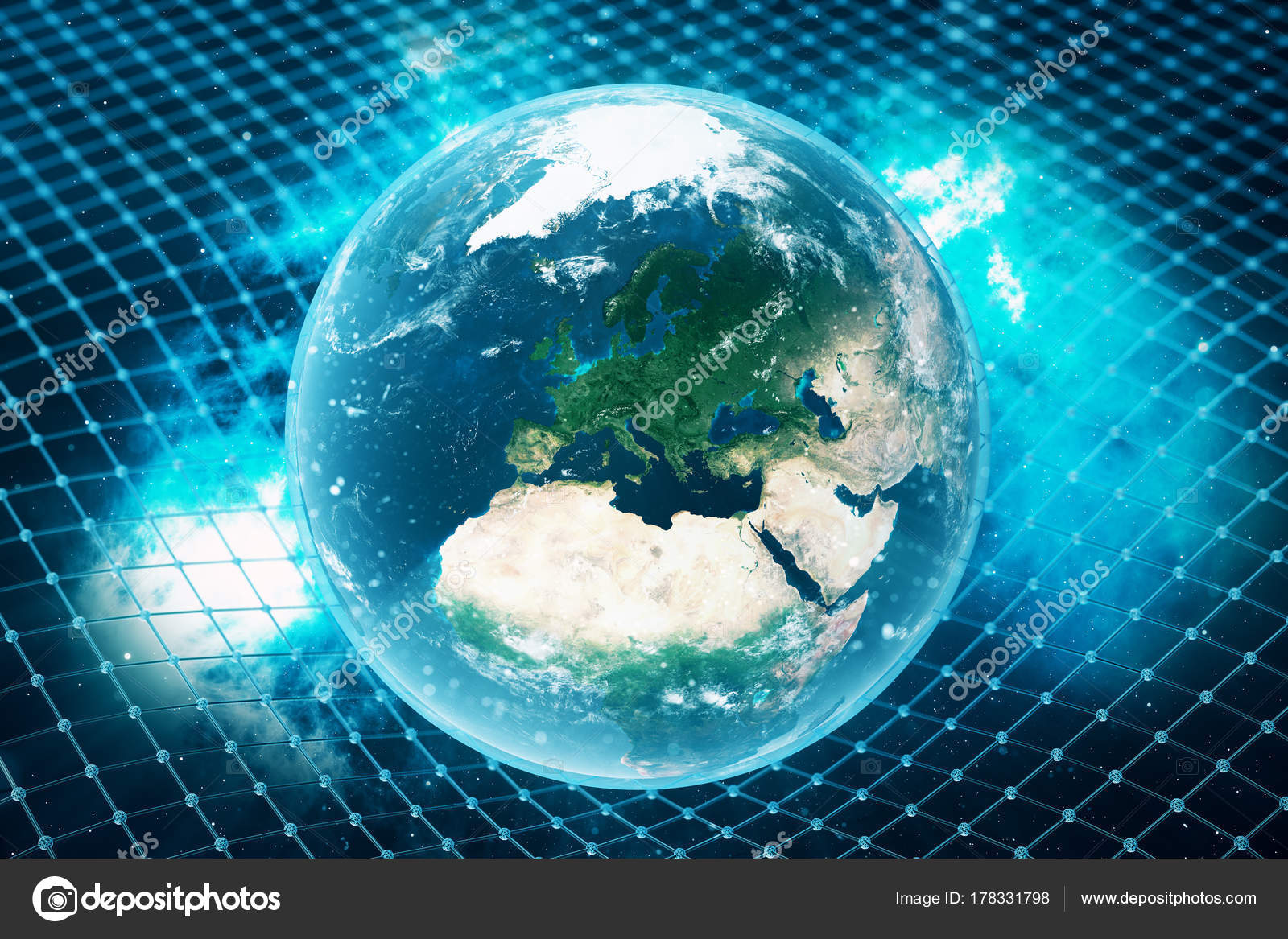 3D illustration Earth's gravity bends space around it. With bokeh ...