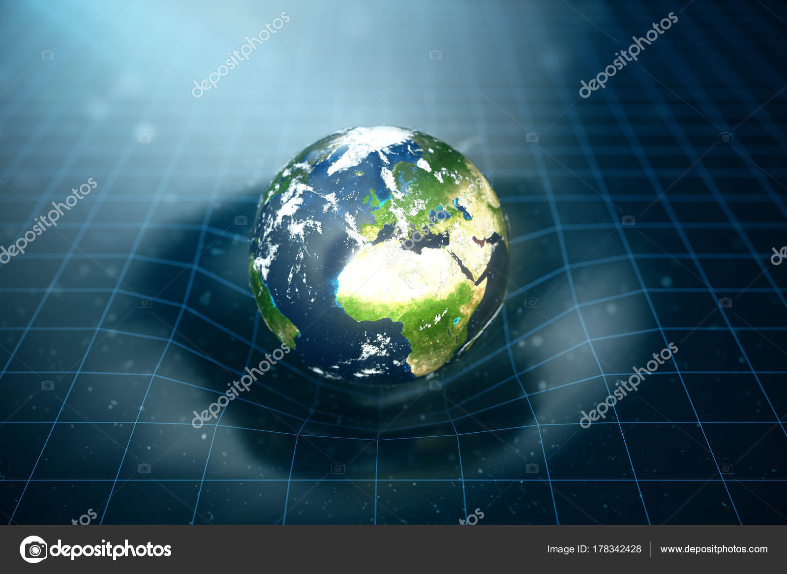 3D illustration Earth's gravity bends space around it. With bokeh ...