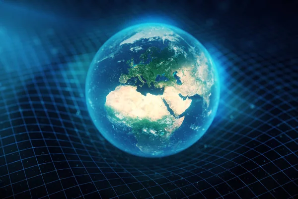 3D illustration Earth's gravity bends space around it. With bokeh ...