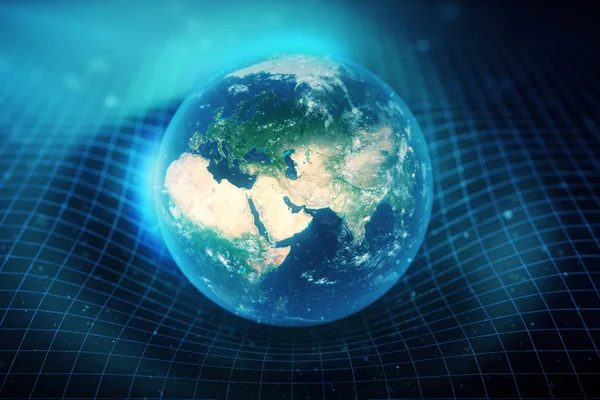 3D illustration Earth's gravity bends space around it. With bokeh ...