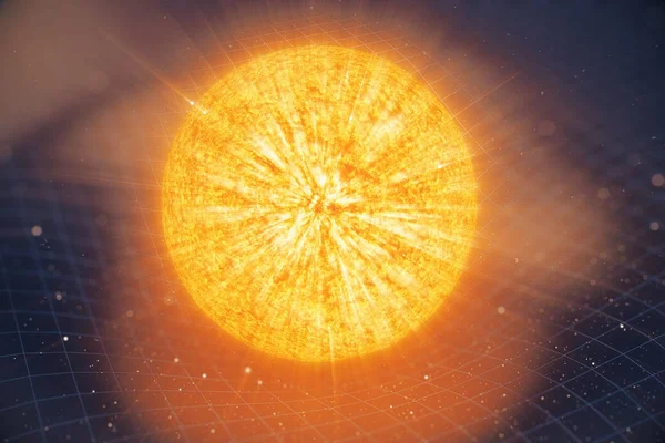 3D illustration Sun gravity bends space around it. With bokeh effect ...