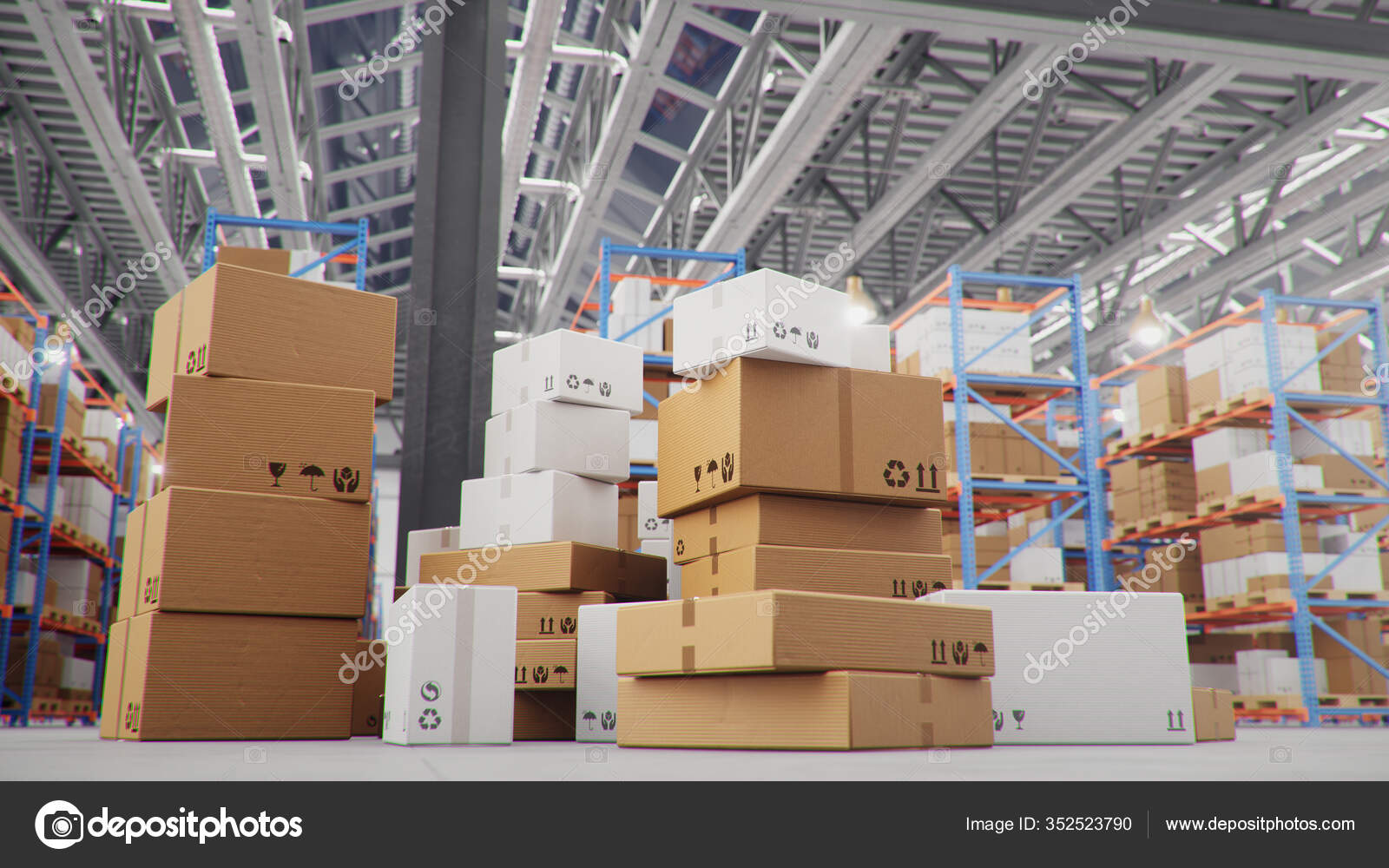 Karton Kutular Deponun Ortasında Lojistik Merkezde Büyük Modern Bir ...