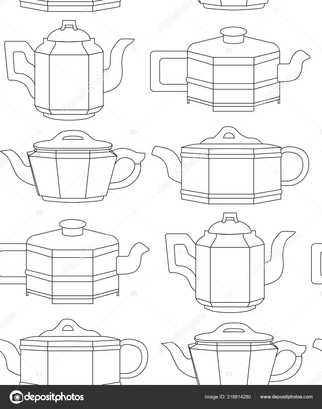 Seamless black and white pattern with contour clay teapots in row ...