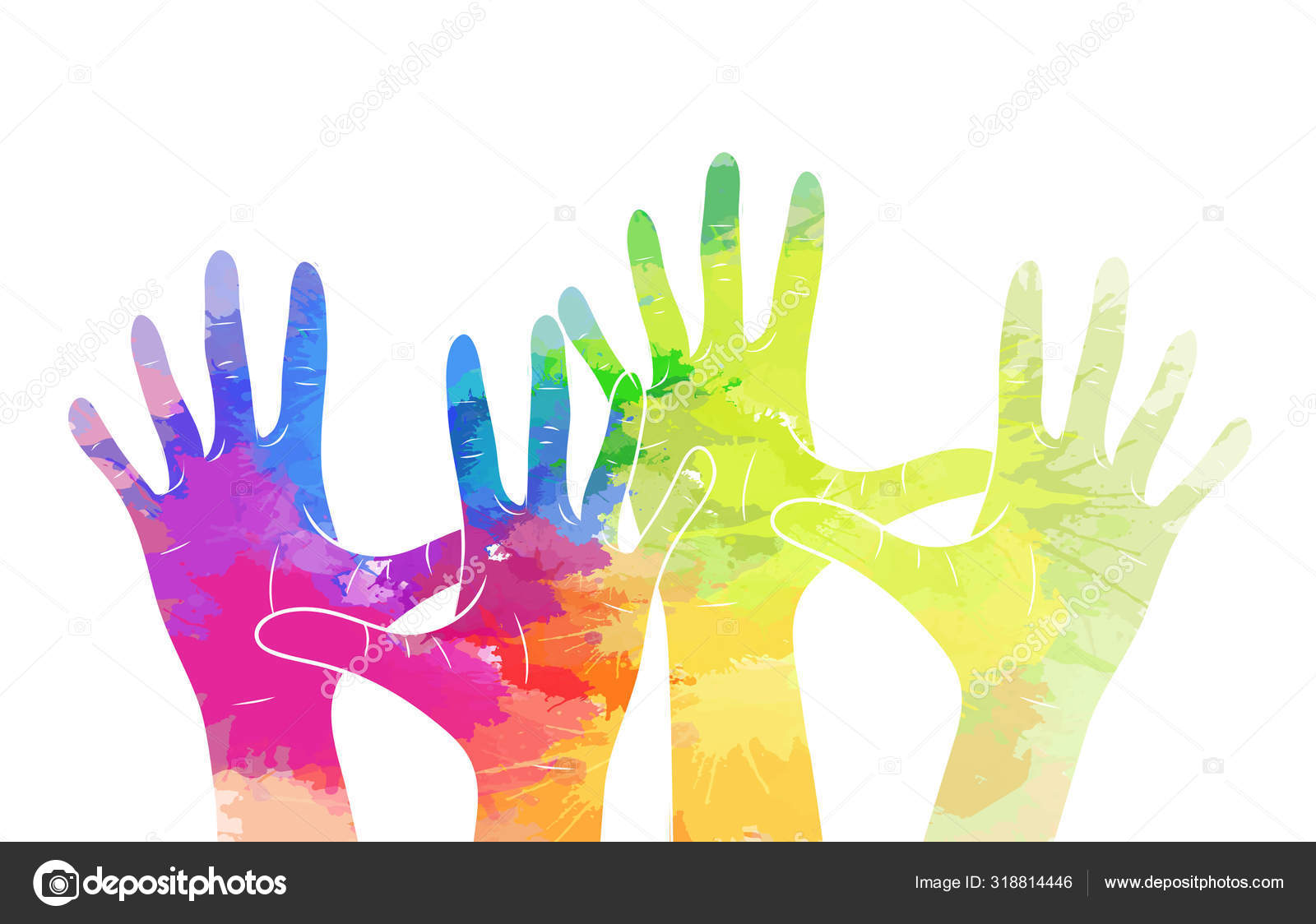 Human rights. Hands up with rainbow watercolor stains. Volunteers and ...