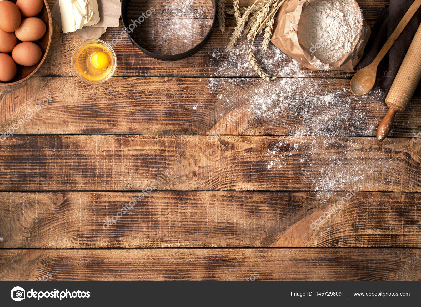 Flour with ingredients for bakery products on wooden background Stock ...