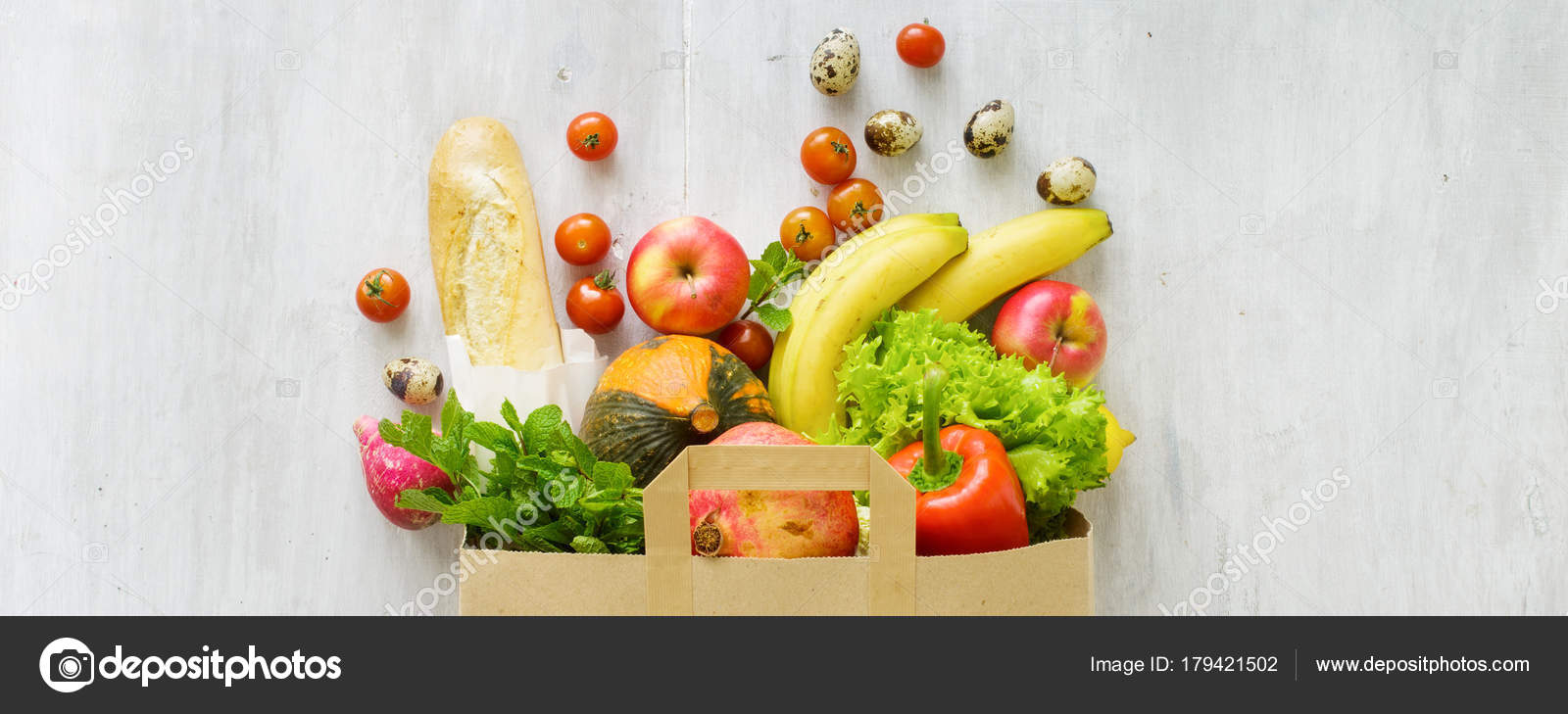 Top view paper bag of different fresh health food Stock Photo by ...