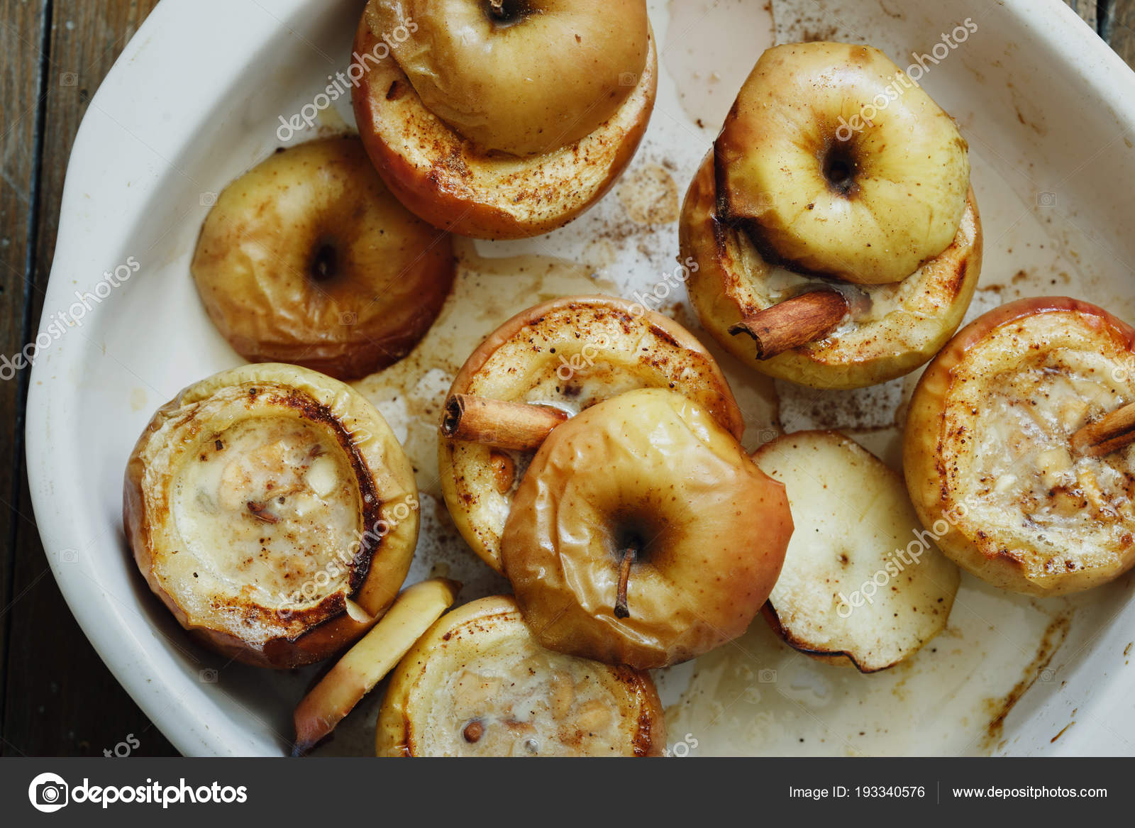 Top View Apples Topped Nuts Honey Cinnamon Baking Dish Wooden Stock ...