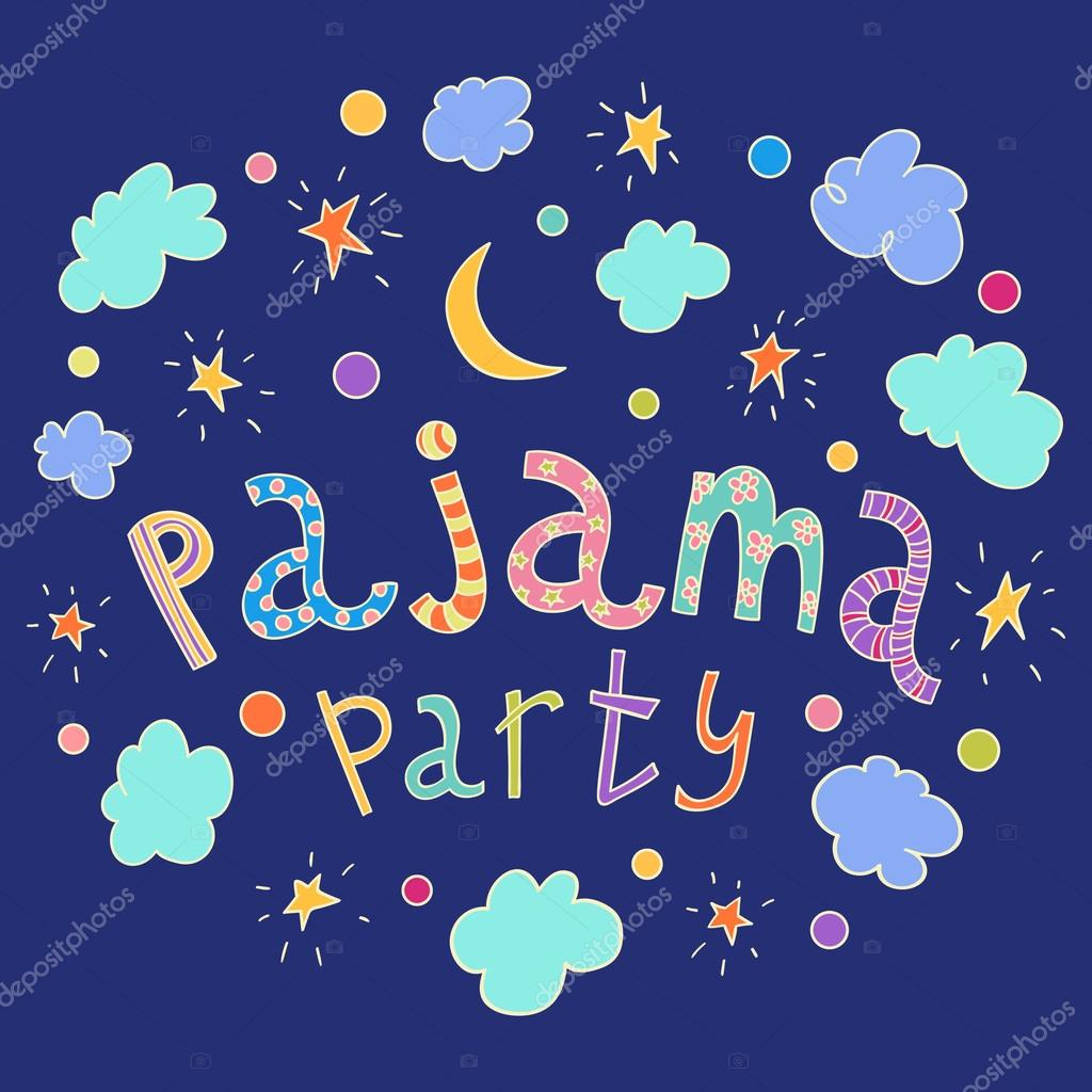 Fiesta de pijamas. Letras dibujadas a mano con estrellas, media luna y ...