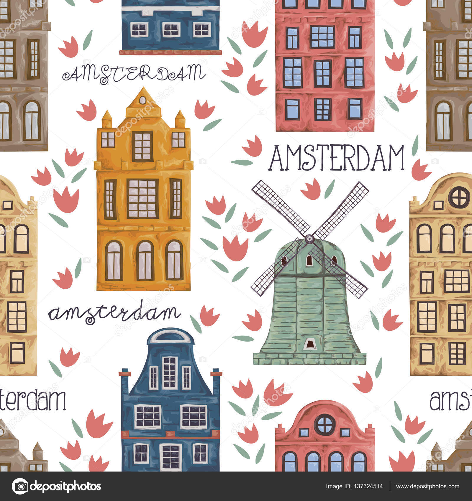 Amsterdam. Seamless pattern with old historic buildings and traditional ...