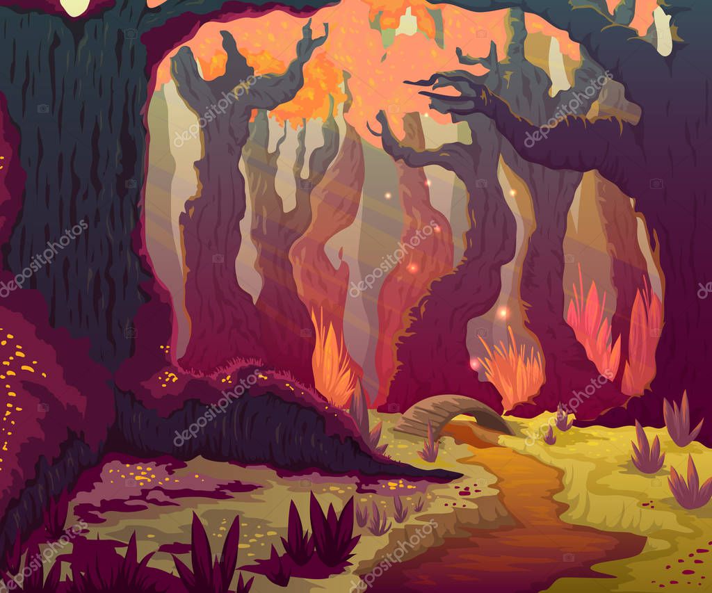 Paisaje forestal oto al con rboles, r o y puente. Fondo de paisaje de cuento de hadas de dibujos ...