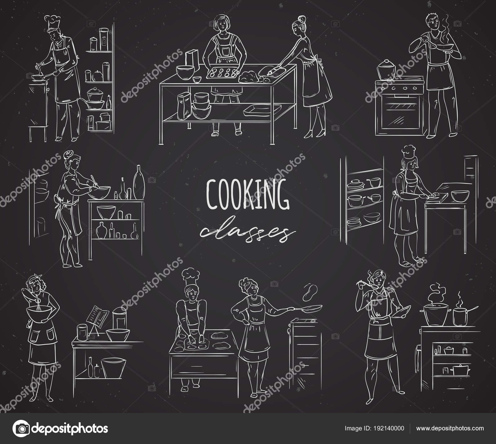 Cooking Class Group People Preparing Meals Isolated Elements Chalkboard ...