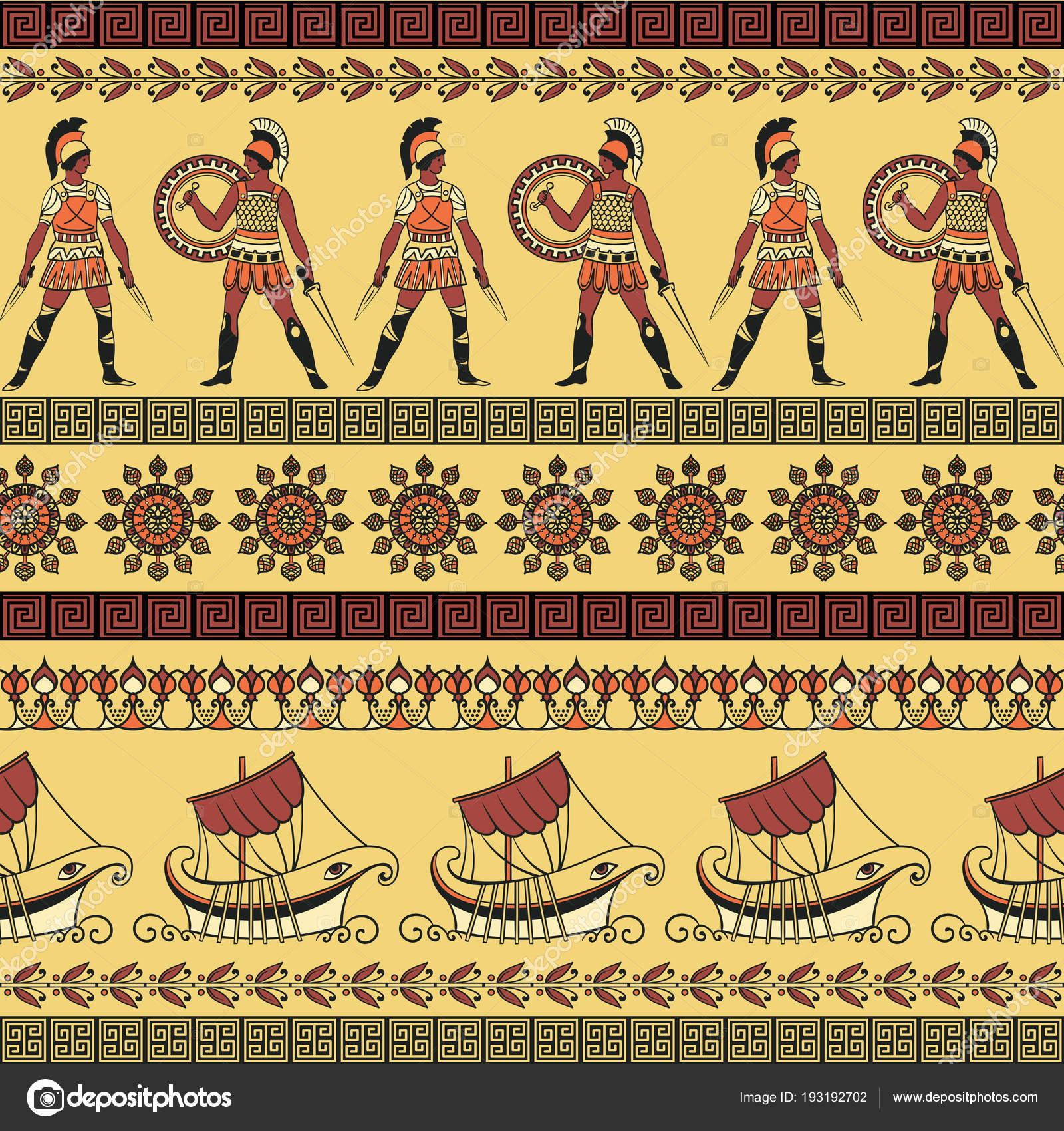 Seamless Pattern Ancient Greek Ships Fighting People Ornament ...