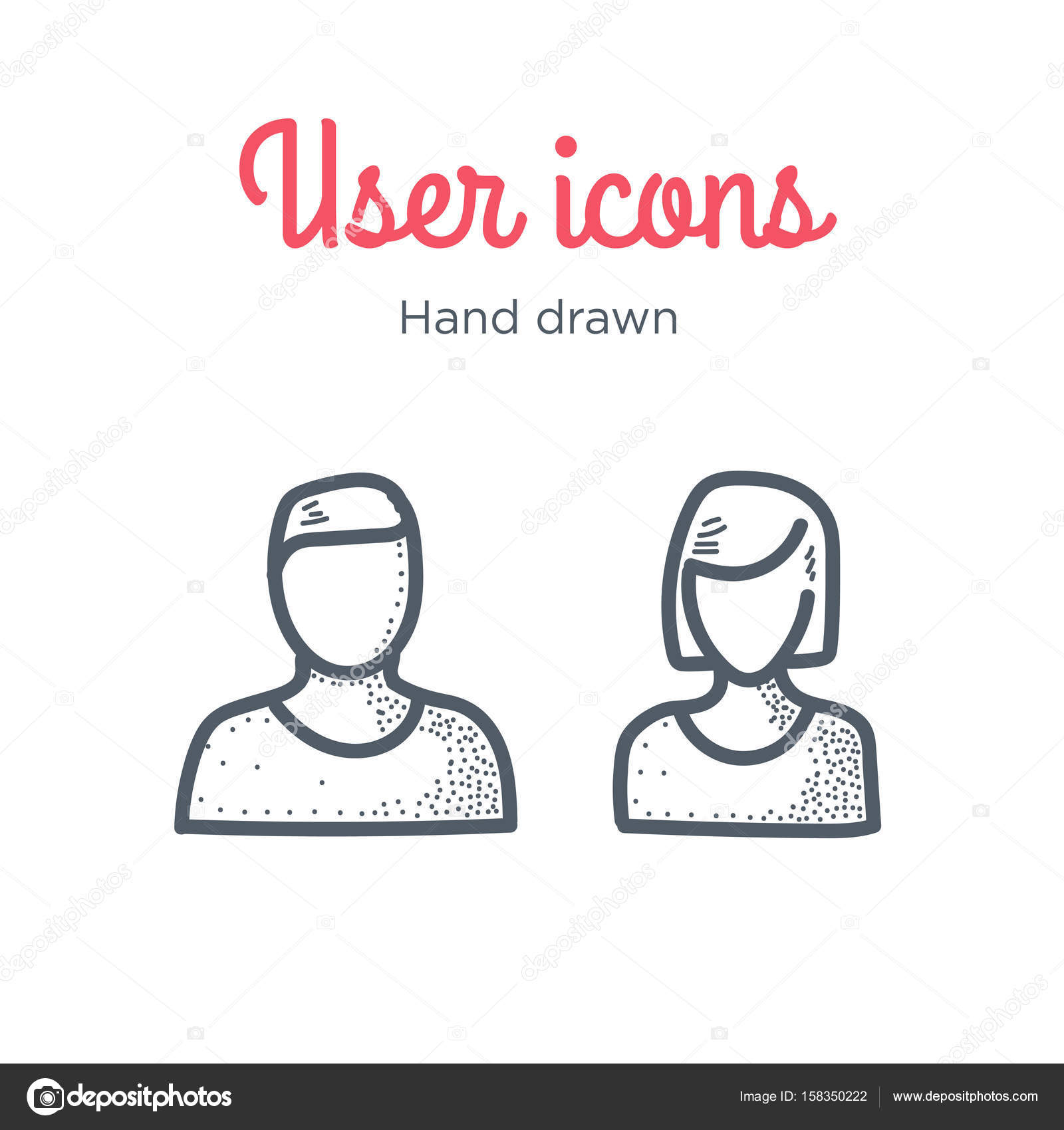 User icons set. Male and Female. Hand drawn illustration. Line style ...