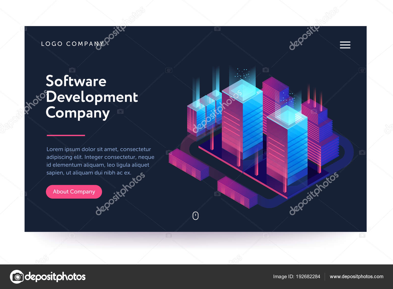 Software development company illustration. Web banner with neon light ...