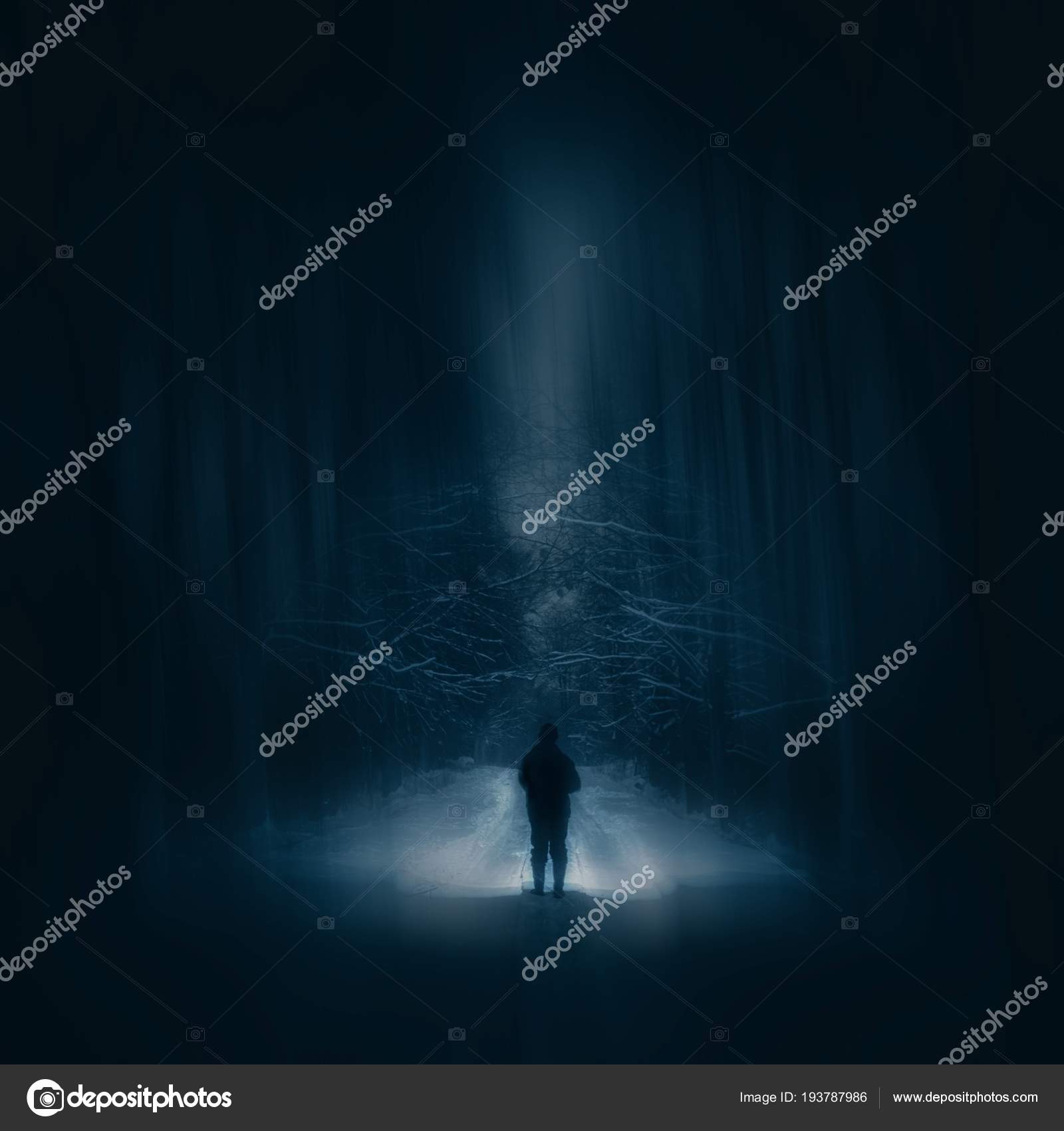 Surreal Night Forest Landscape Alone Strange Man Flashlight Horror ...