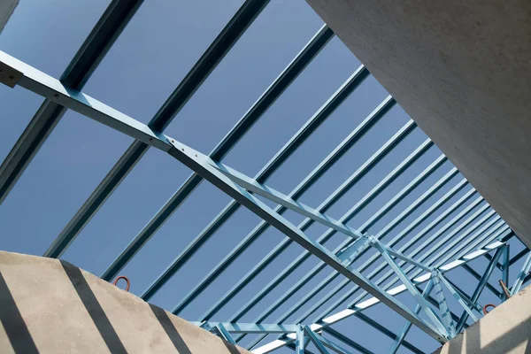 Structure of steel roof frame for building construction. - Stock Image ...